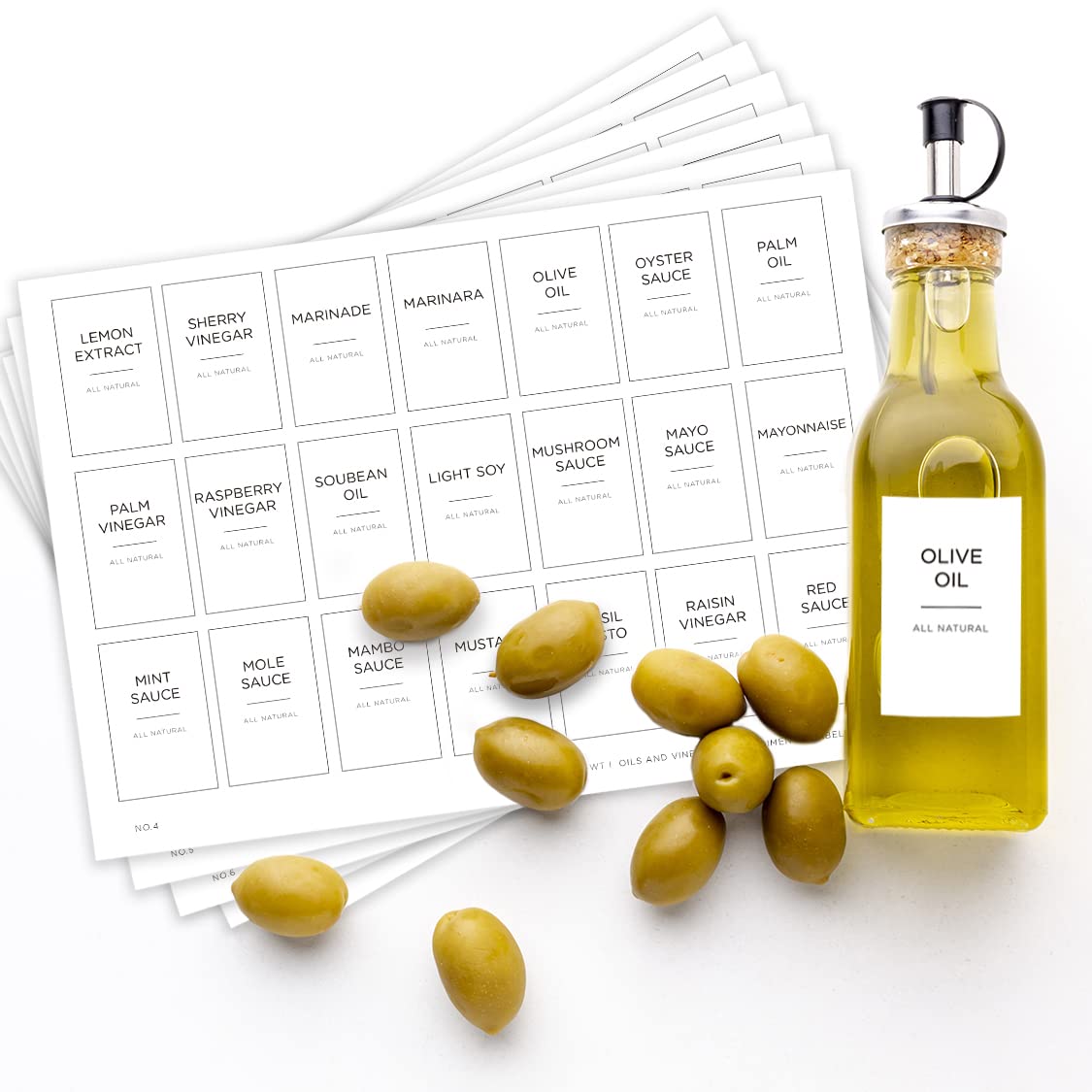 v2croft 126 Oil and Vinegar Labels for Bottles, Minimalist White Matte Stickers Black Text, Water/Oil Resistant Condiments Stickers for Squeeze Dispensers, Kitchen Pantry & Refrigerator Organization
