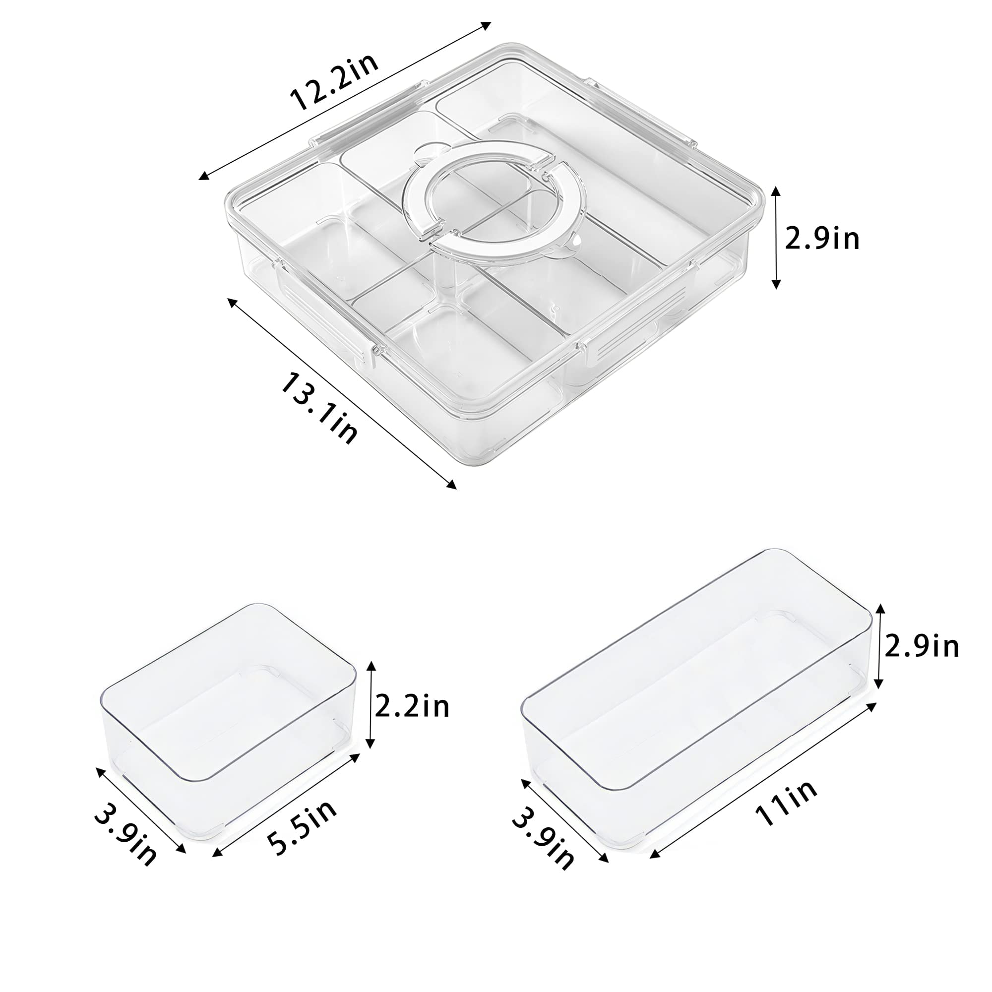 Mano 2 Pack Serving Trays for Party Divided Veggie Tray with Lid Sealed Sectioned Fruit Snack Serving Platter Vegetable Storage with 5 Compartments Snackle Box Charcuterie Container Fridge Organizer
