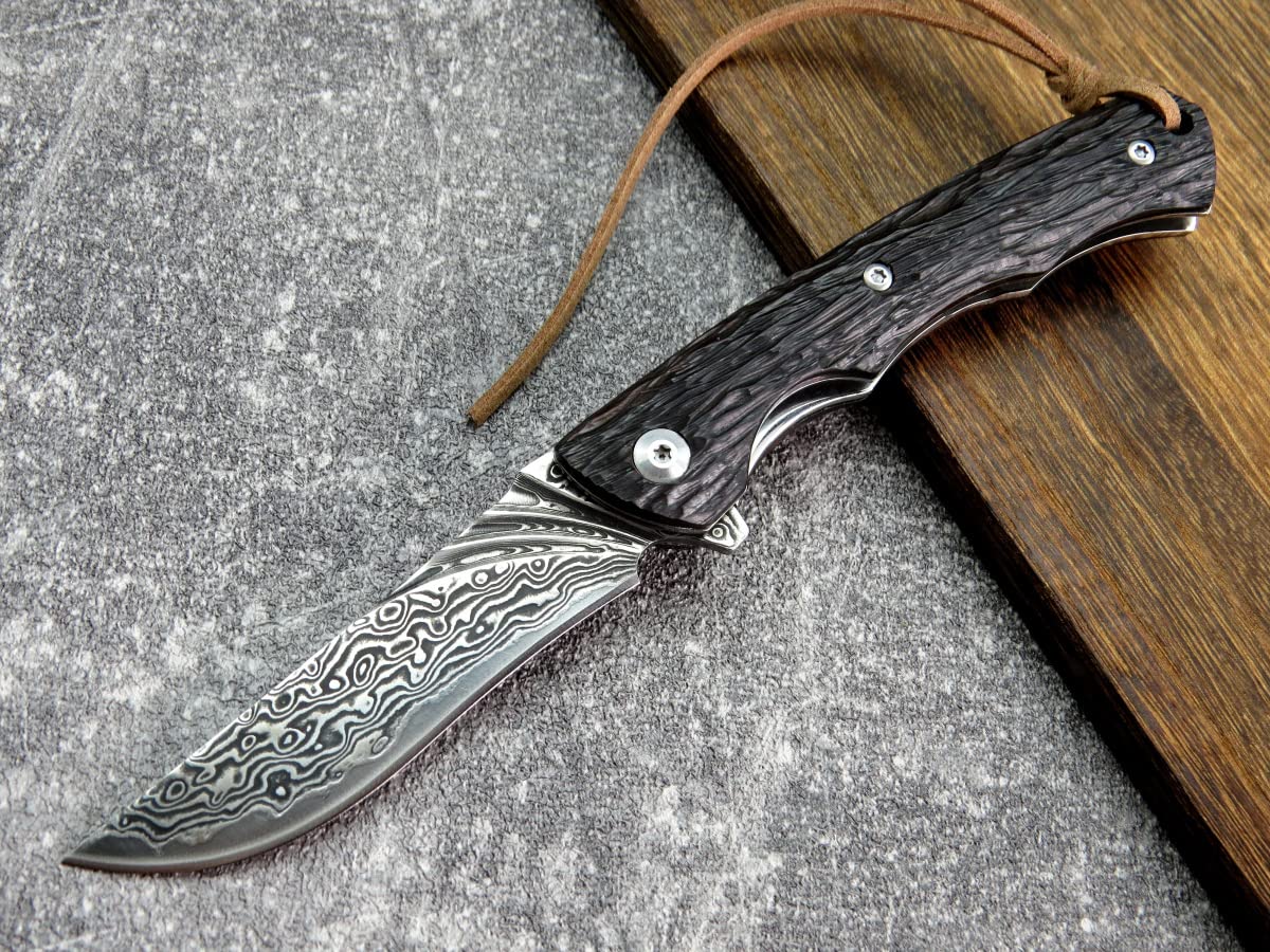 Sitivien ST218 Damascus Steel Folding Knife, VG10 Core Blade and Ebony Wood Handle Knife,EDC Tool Knife for Outdoor Camping Hiking Survival