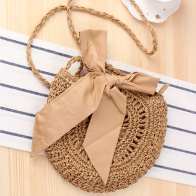 TJLSS Summer Round Bag Beach Wind Bow Crossbody Woven Bag Handmade Crochet Female Bag Beach Bag