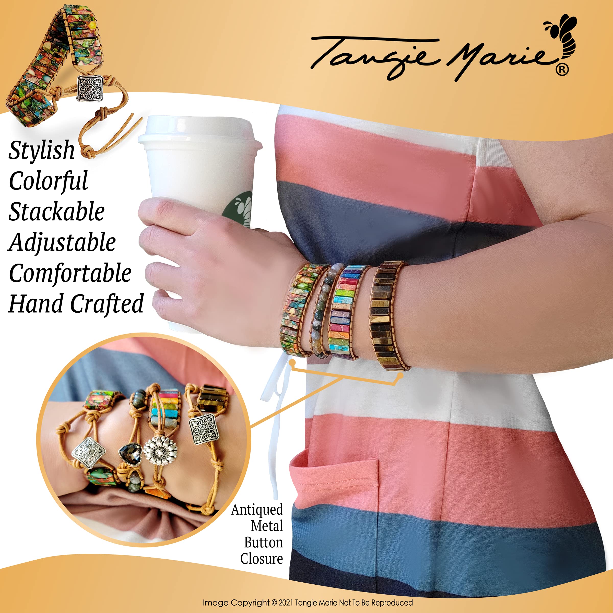 Tangie Marie Chakra Bracelet - Imperial Rainbow Jasper Stone for Women Men Beaded Boho Leather Wrap Gemstone Bangle