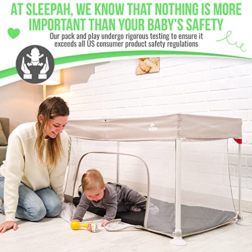 Sleepah Foldable Travel Crib β Lightweight Portable Play Pen + Backpack, Play-Yard with Waterproof Mattress β Easy to Pack Fits in a Suitcase, Sets up in 30 Seconds Safe for Infants & Toddlers (Beige)