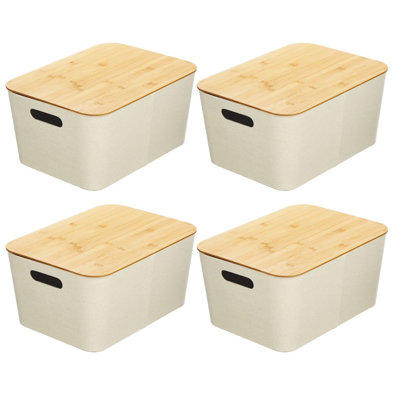 mDesign Modern Fabric Covered Basket with Lid - Stacking Decorative Storage Bin Box with Bamboo Cover for Closet, Living Room, Kitchen, Office Shelf - Holders for Clothing/Accessories, 4 Pack, Cream