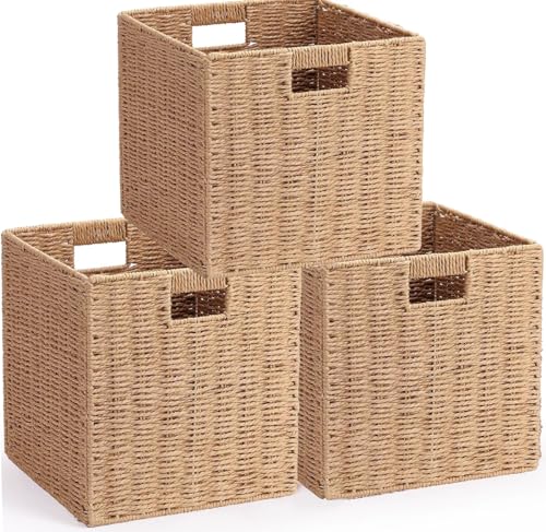WENFOME Set of 3 Woven Storage Baskets for Shelves, Paper Rope Handmade Open Storage Bins, Pantry Baskets Organization Basket Seagrass Baskets Folding Storage Basket for Toy, Wicker Basket for Bedroom