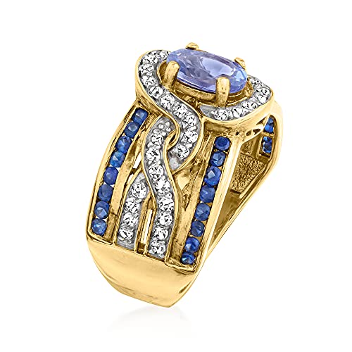 Ross-Simons 0.80 Carat Tanzanite and .60 ct. t.w. Sapphire Ring With .30 ct. t.w. White Zircon in 18kt Gold Over Sterling. Size 6