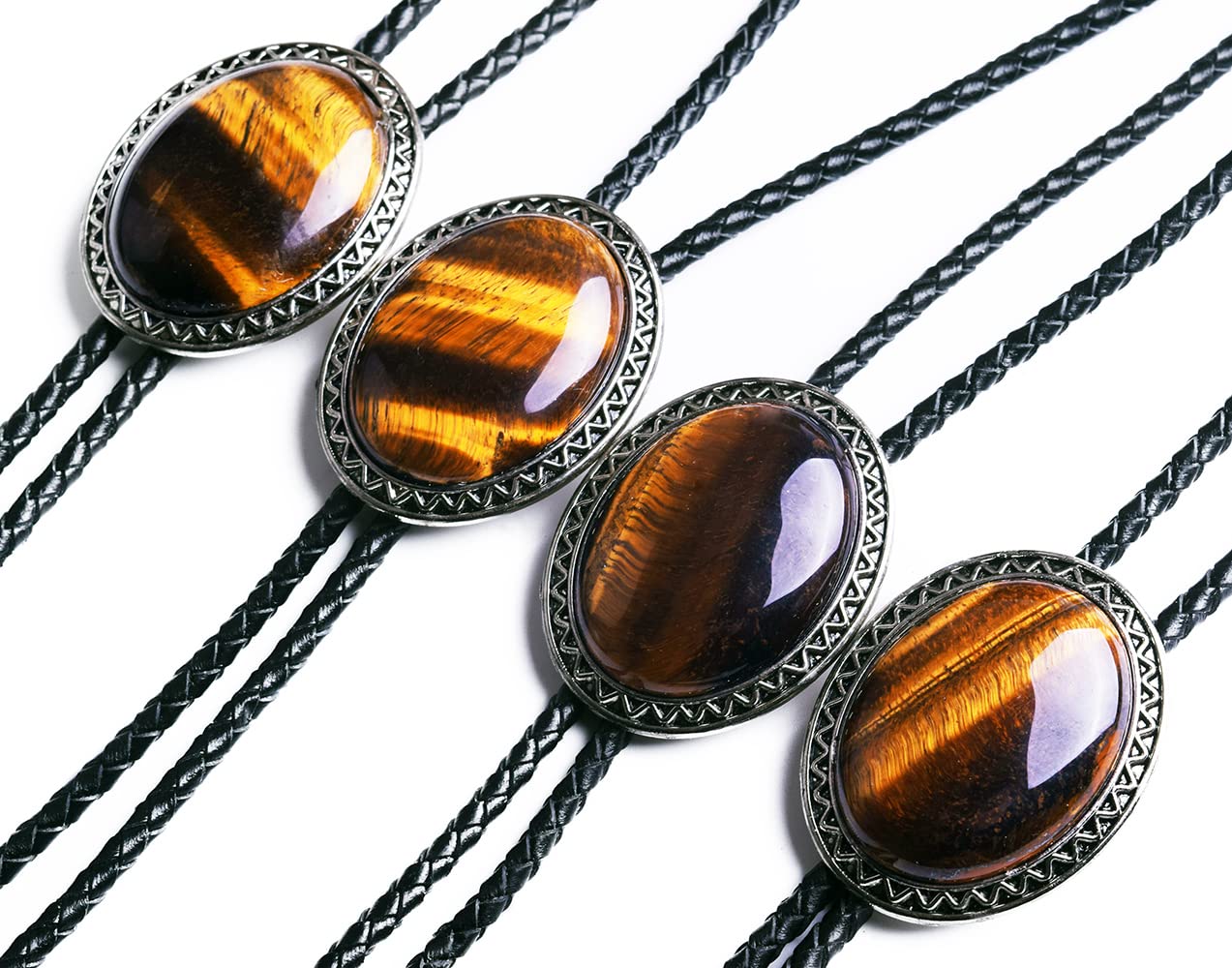 Moranse Bolo Tie with Natural Tiger Eye Stone Celtic Style Genuine and Cowhide Rope(Tiger Eyes 1 Style)