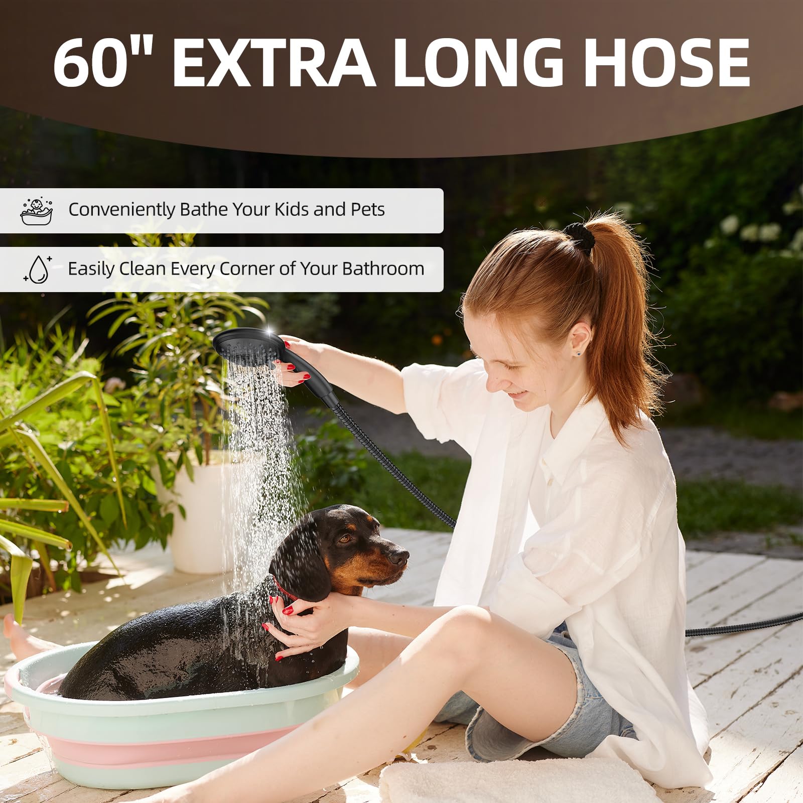 RAINVISTA High Pressure Handheld Shower Head - Matte Black - 6 Functions Detachable Bathroom Shower Head Set with Stainless Steel Hose and Adjustable Shower Arm Bracket