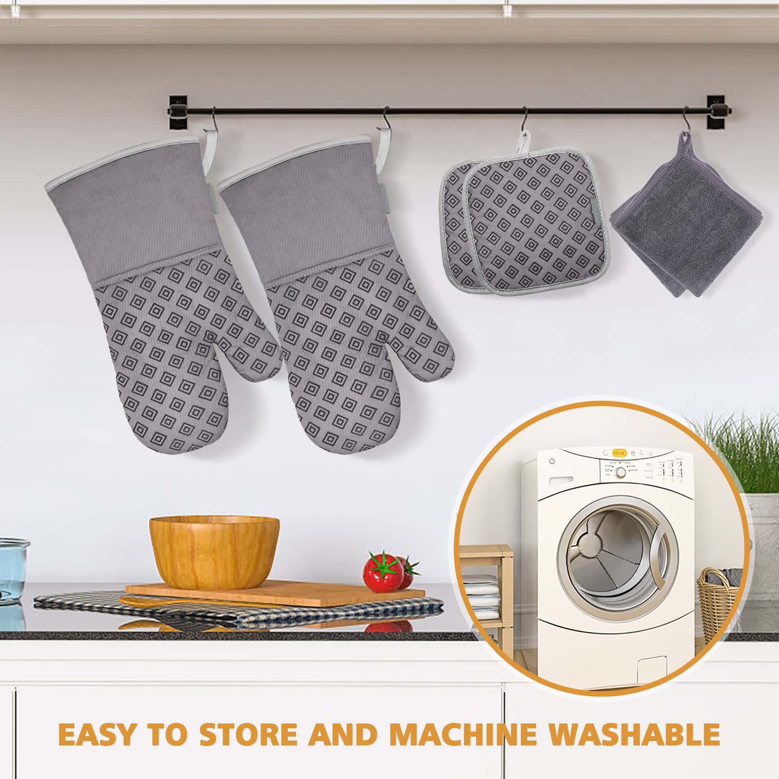 Oven Mitts and Pot Holders Kitchen: 500° Oven Gloves Silicone Ovenmitts Hotpads Set - Quilted Long Kitchen Mittens Potholders Washable Mits Hot Pads Flexibility for Baking