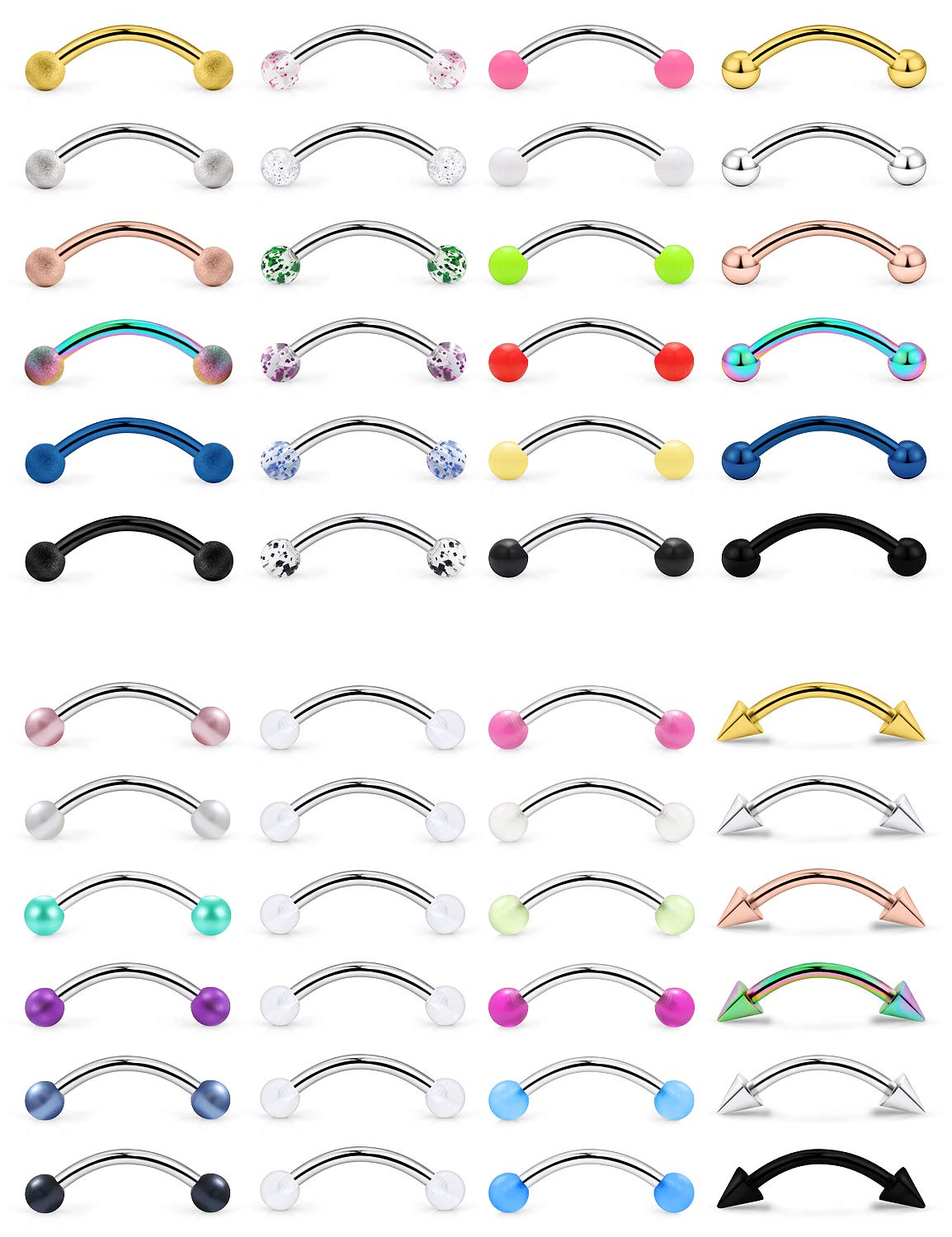 Oufksiyy 48PCS 14G Glow in The Dark Snake Eyes Tongue Rings Surgical Steel Curved Barbell Nipplerings Nipple Ring Body Piercing Jewelry for Women Men Long Barbell Bridge Tongue Rings
