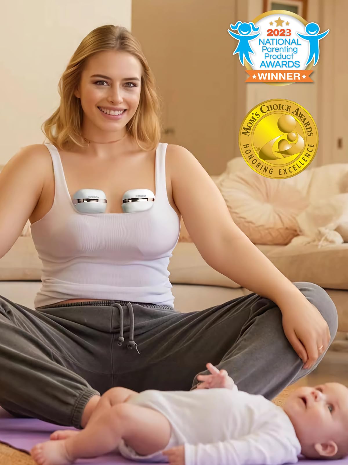 Nursi Luna Breast Pump Hands Free, Double Wearable Breast Pump with 3 Modes & 12 Levels, Smart Touchscreen, Low Noise Portable Wireless Electric Breast Pump with Flange Inserts (Pack of 2, Pink)