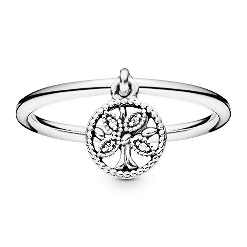 Pandora Dangling Family Tree Ring - Sterling Silver Ring for Women - Layering or Stackable Ring - Intricately Hand-Finished Ring - Gift for Her - Sterling Silver with Clear Cubic Zirconia - Size 5