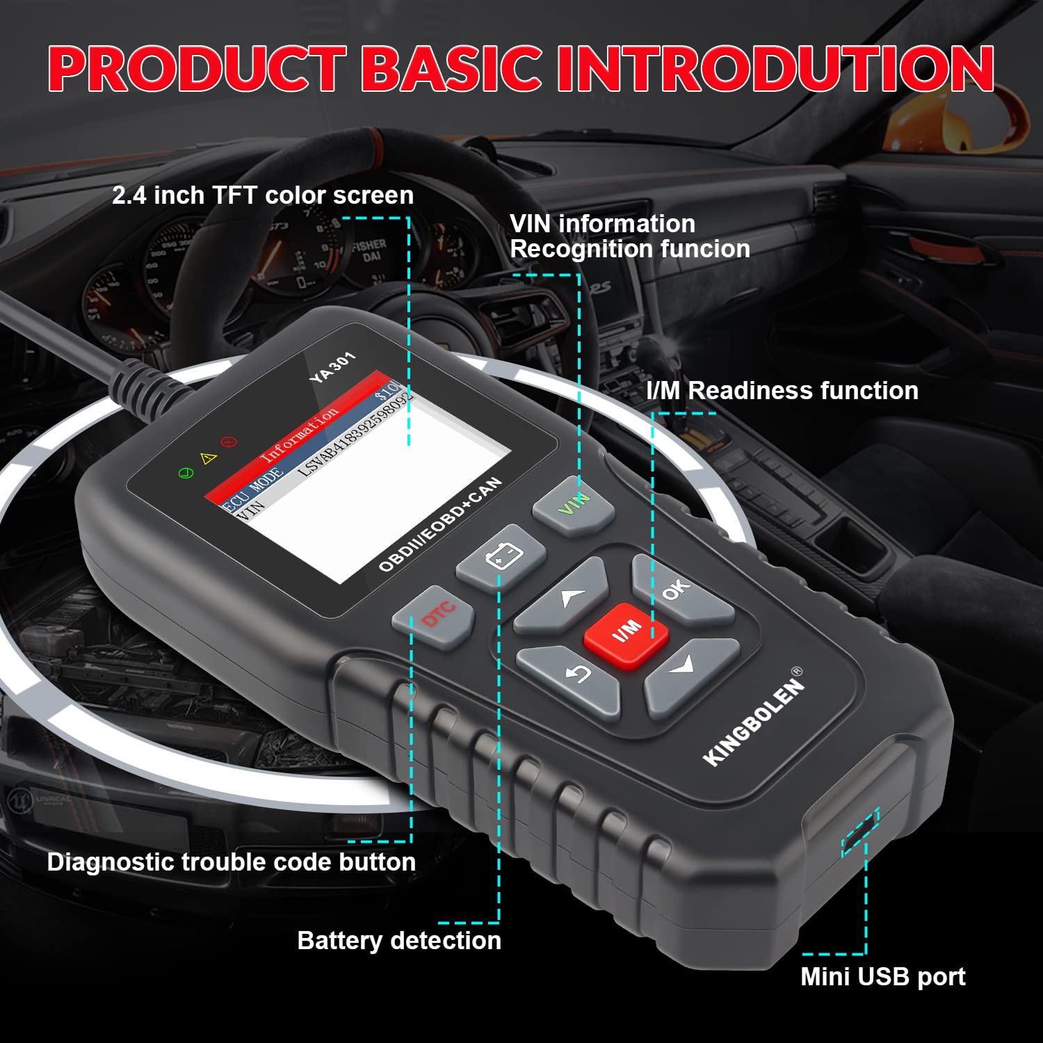OBD2 Scanner,Car Code Reader Check Engine Light Auto OBD-II CAN Diagnostic Scan Tool with Live Data,10 OBDII Test Modes, Lifetime Free Upgrade (YA-301). Black
