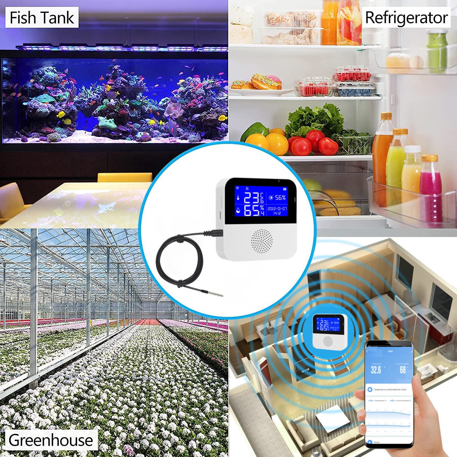 Wi-Fi Temperature Hygrometer Sensor with Probe, Indoor Thermometer Humidity Sensor, If Link with a TUYA Plug or IR Remote, Smart Control Heating Fan Cooling & Humidifier Compatible with Alexa