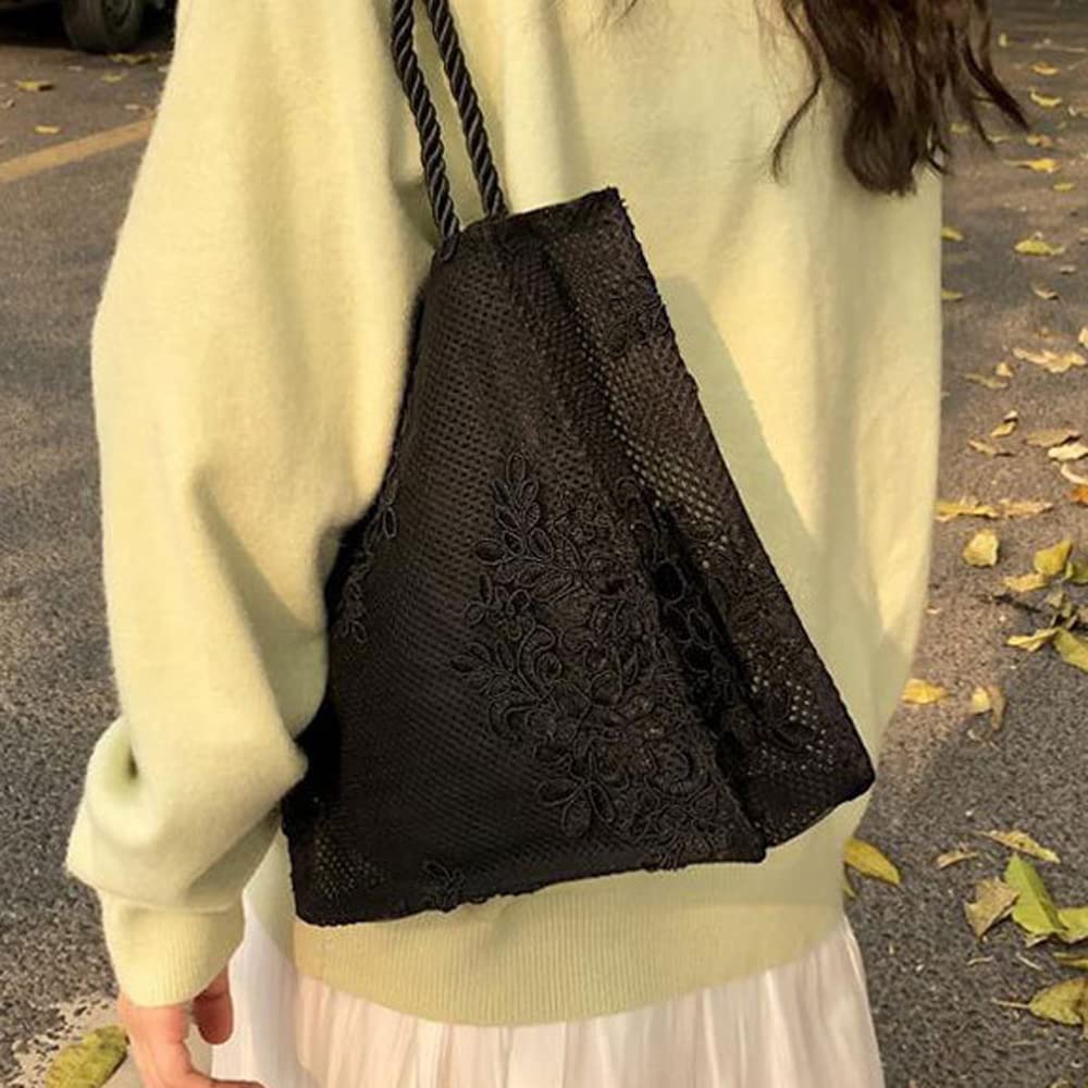 Sweet fairy lace bag hand shoulder tote bag embroidered hollow shopping bag (White)