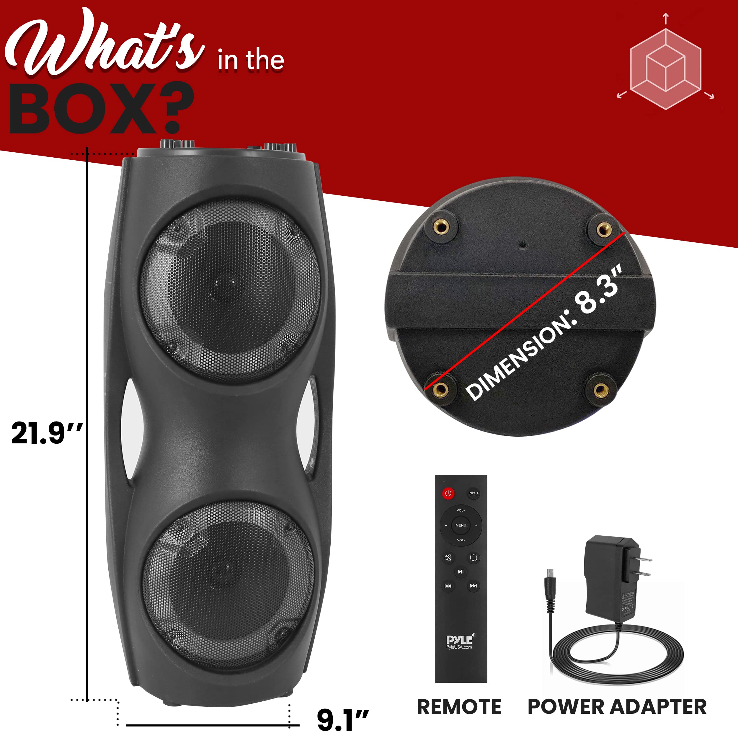 Pyle Portable Bluetooth PA Speaker System - 1000W Indoor/Outdoor Bluetooth Speaker PA System w/TWS, Recorder, Microphone in, Party Lights, USB SD Card Reader, FM Radio, Rolling Wheels PPHP82LB,Black