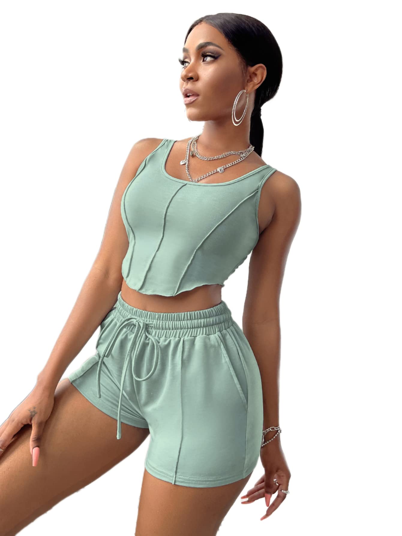 SOLY HUX Women's Crop Tank Top and Drawstring Waist Track Shorts Set 2 Piece Outfits Mint Green M