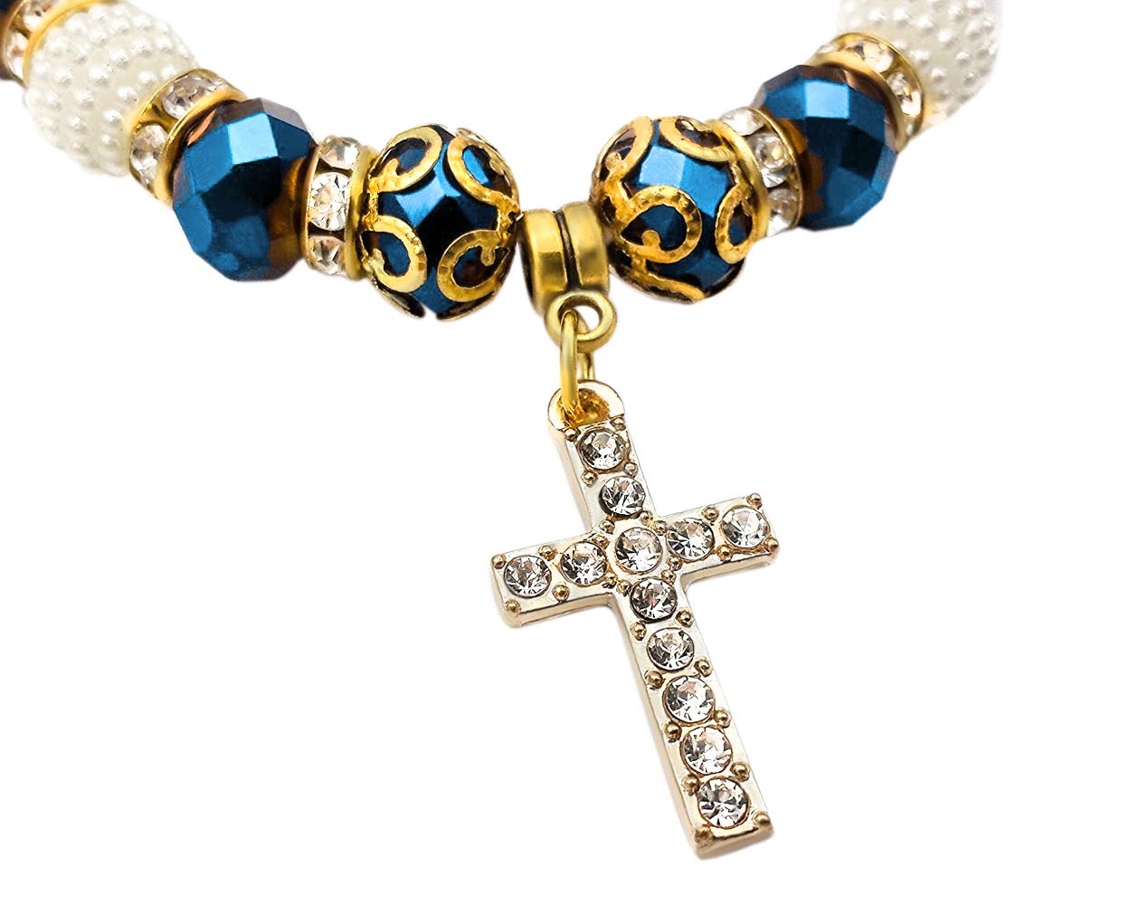 Nazareth Store Catholic Crystallized Cross Deep Blue Crystal Beads Wrist Rosary Bracelet Adjustable Elastic Bangle