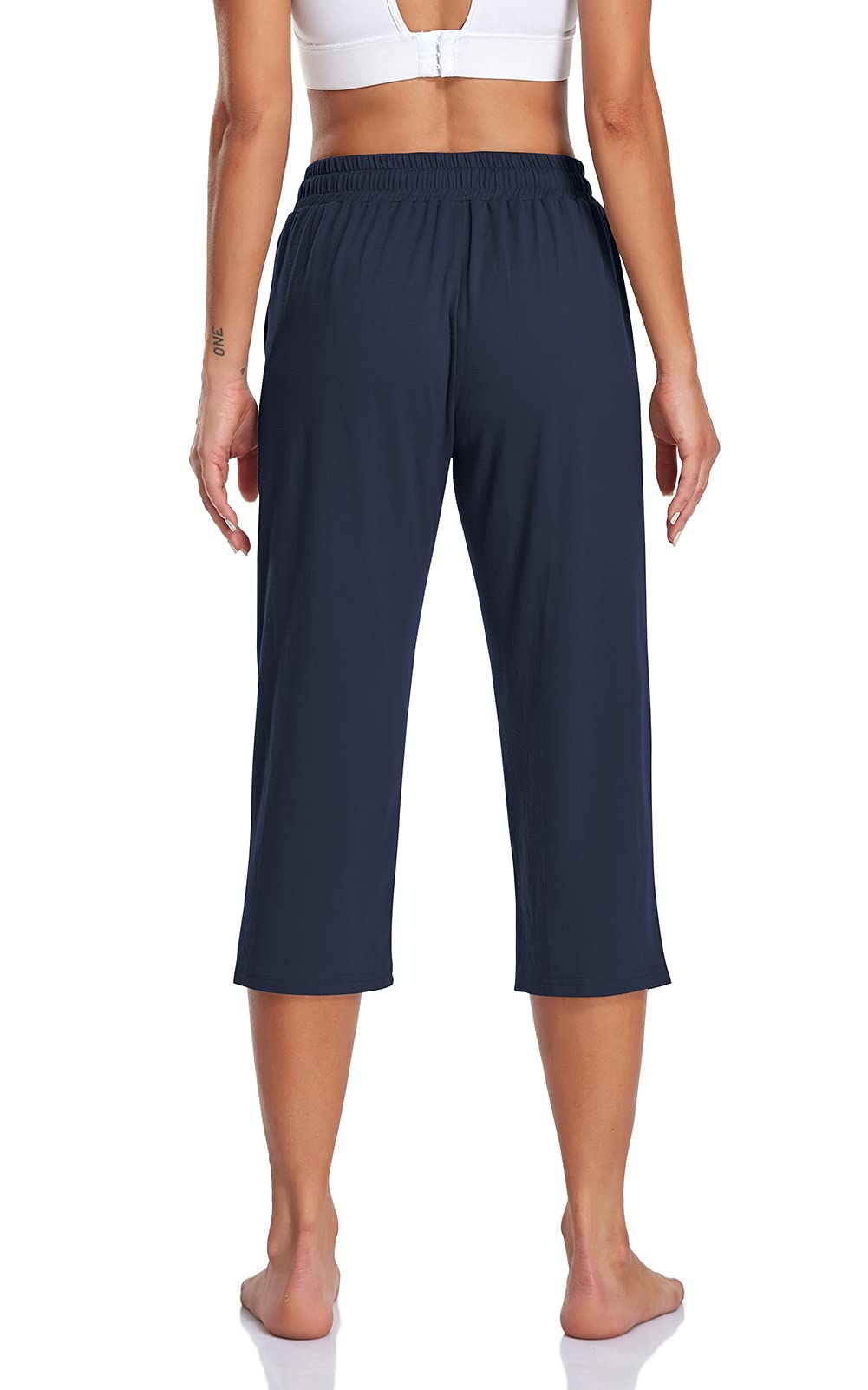 TARSE Womens Capris Yoga Workout Sweatpants Pockets Loose Drawstring Capri Pants Lounge Pajama Cropped Pants (NavyBlue,L)