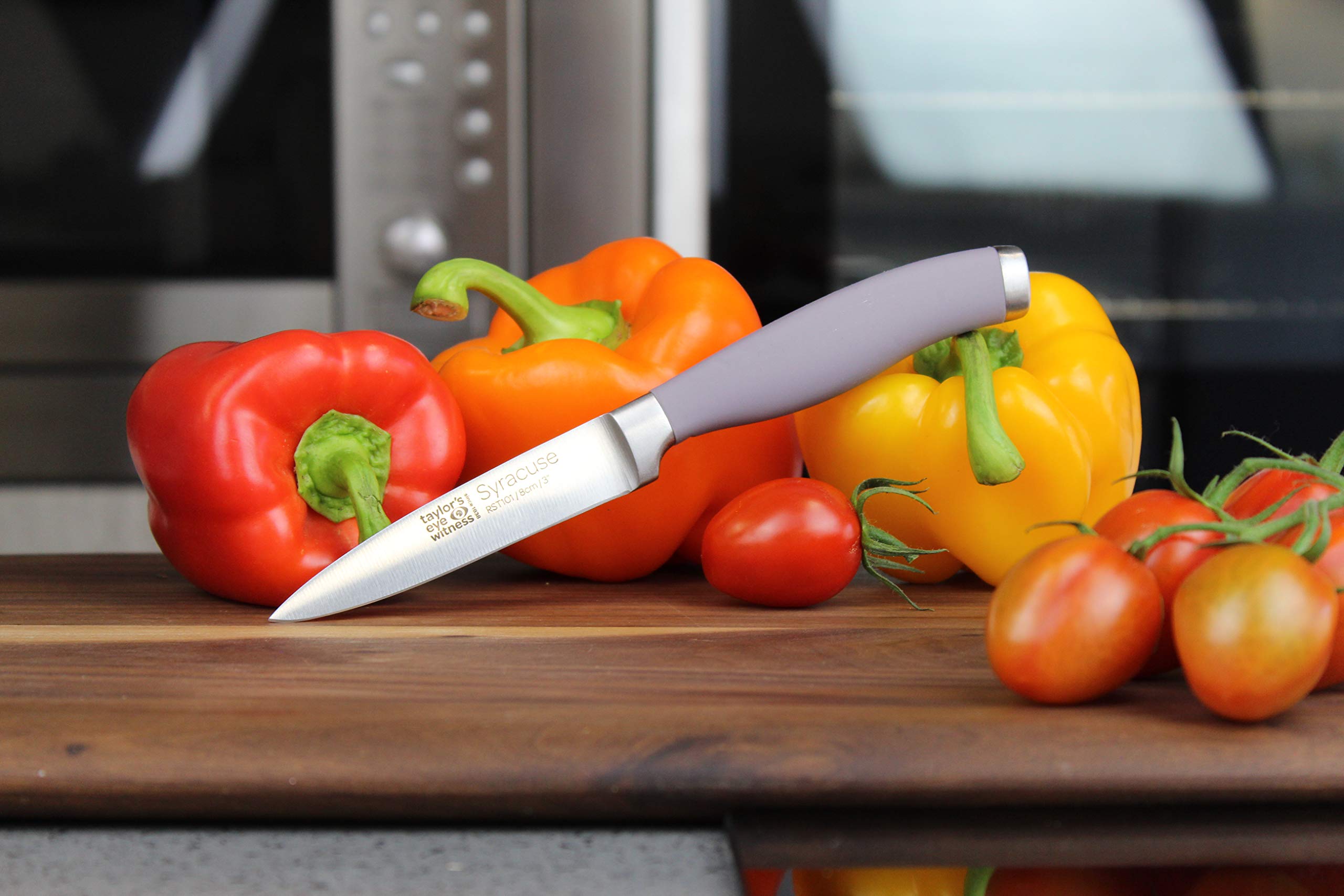 Taylors Eye Witness Syracuse Kitchen Knife 3pce Set - Paring 8cm/3.5β, Chefs 15cm/6β & Cooks All Purpose 13cm/5β Cutting Edge. Ultra Fine, Razor Sharp Blade. Soft Textured Grip Berry Colour Handle