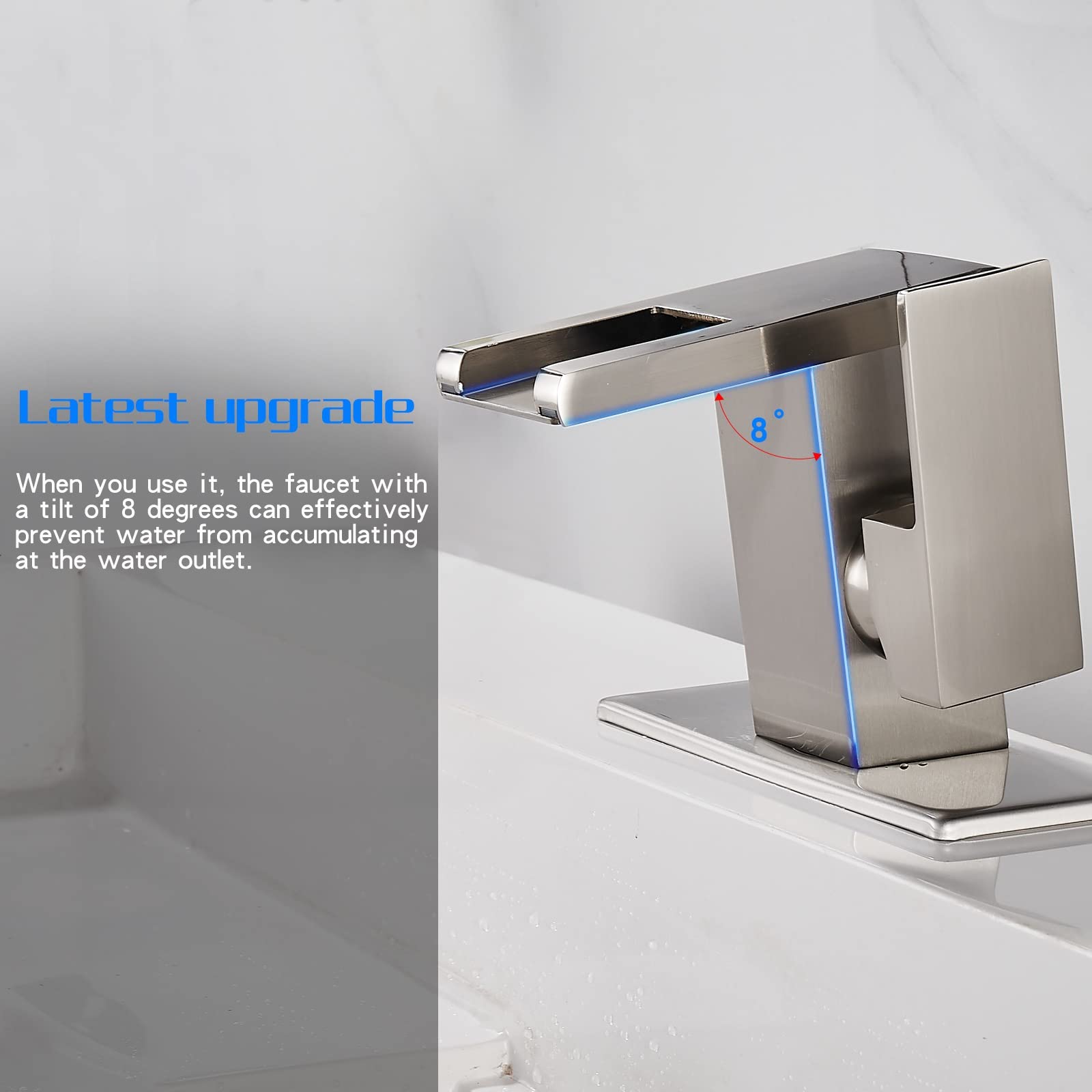 Skybathjoy LED Bathroom Sink Faucet Waterfall with Drian Assembly 1 Hole Brushed Nickel Single Hole Handle RV Bath Vanity Faucets for Sinks 1 Hole Water Supply Lines, Stainless Steel Spout