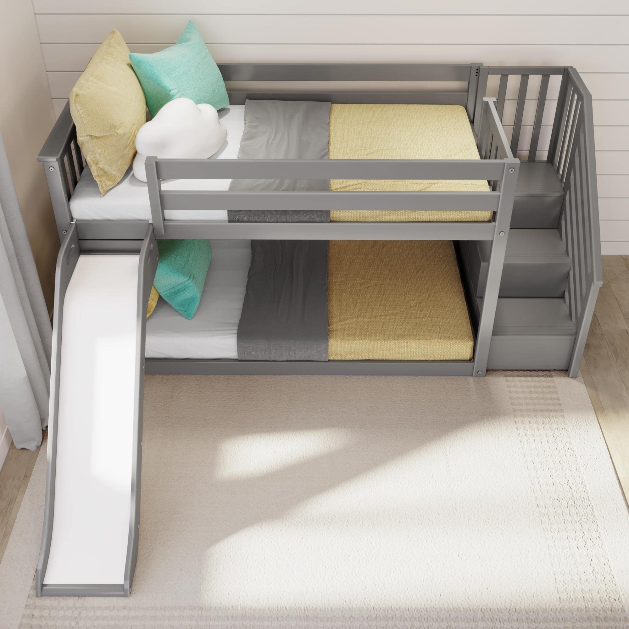 Max & Lily Solid Wood Twin over Twin Size Low Bunk Beds for Kids with Slide and Stairs, 400 lbs Weight Capacity, 14" Safety Guardrail, Anti-Slip Steps, White
