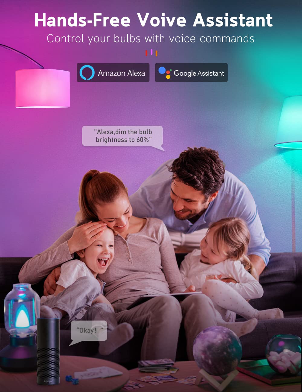 Tasmor Smart Light Bulbs, Color Changing Light Bulbs Works with Alexa & Google Assistant, Dimmable WiFi Light Bulb, RGBCW Multicolor LED Light Bulb A19 E26 60W Equivalent, No Hub Required, 2 Pack