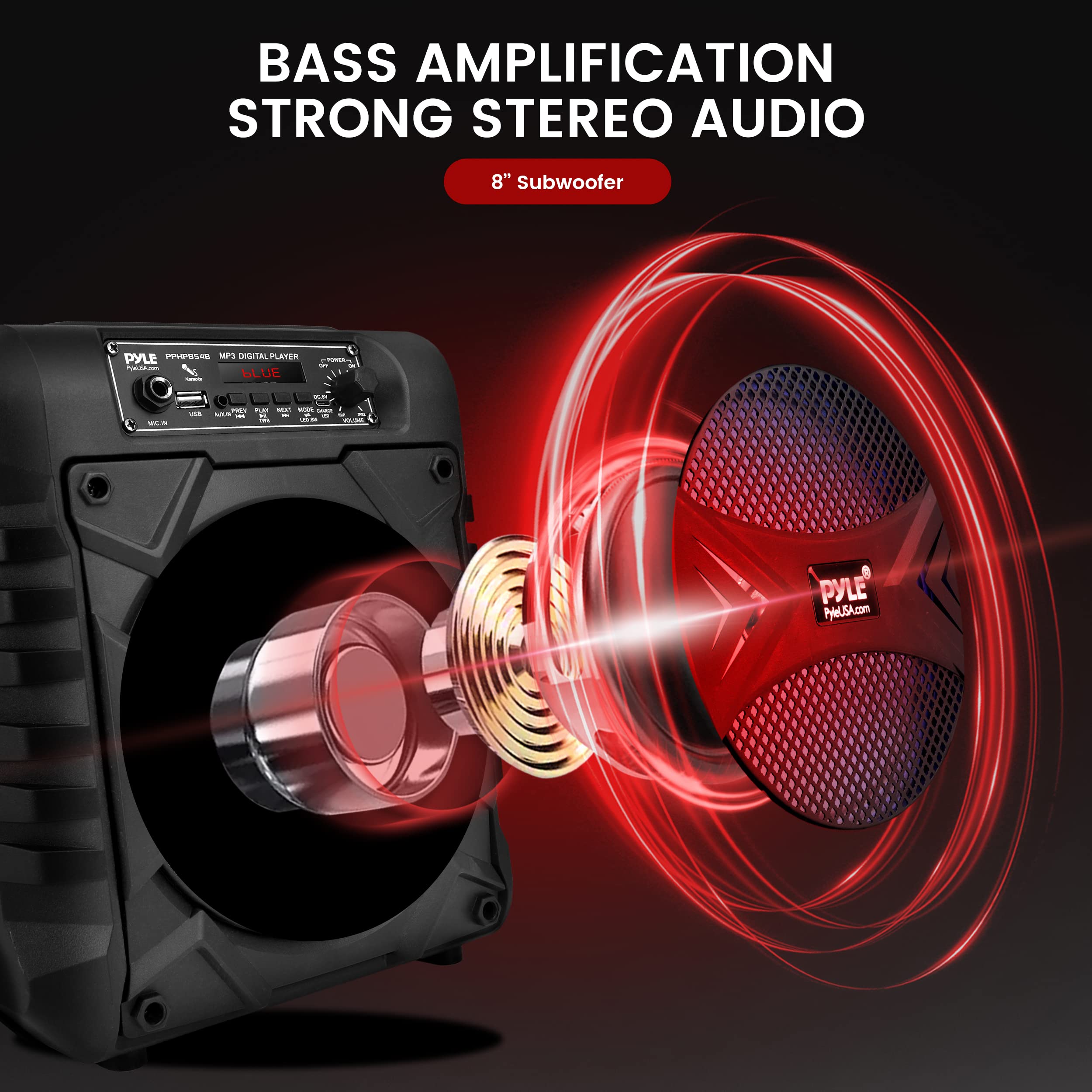 Pyle Portable Bluetooth PA Speaker System - 300W Rechargeable Indoor/Outdoor Bluetooth Speaker Portable PA System w/ 8β Subwoofer, AUX, Microphone in, Party Lights, MP3/USB, Radio, Remote PPHP854B