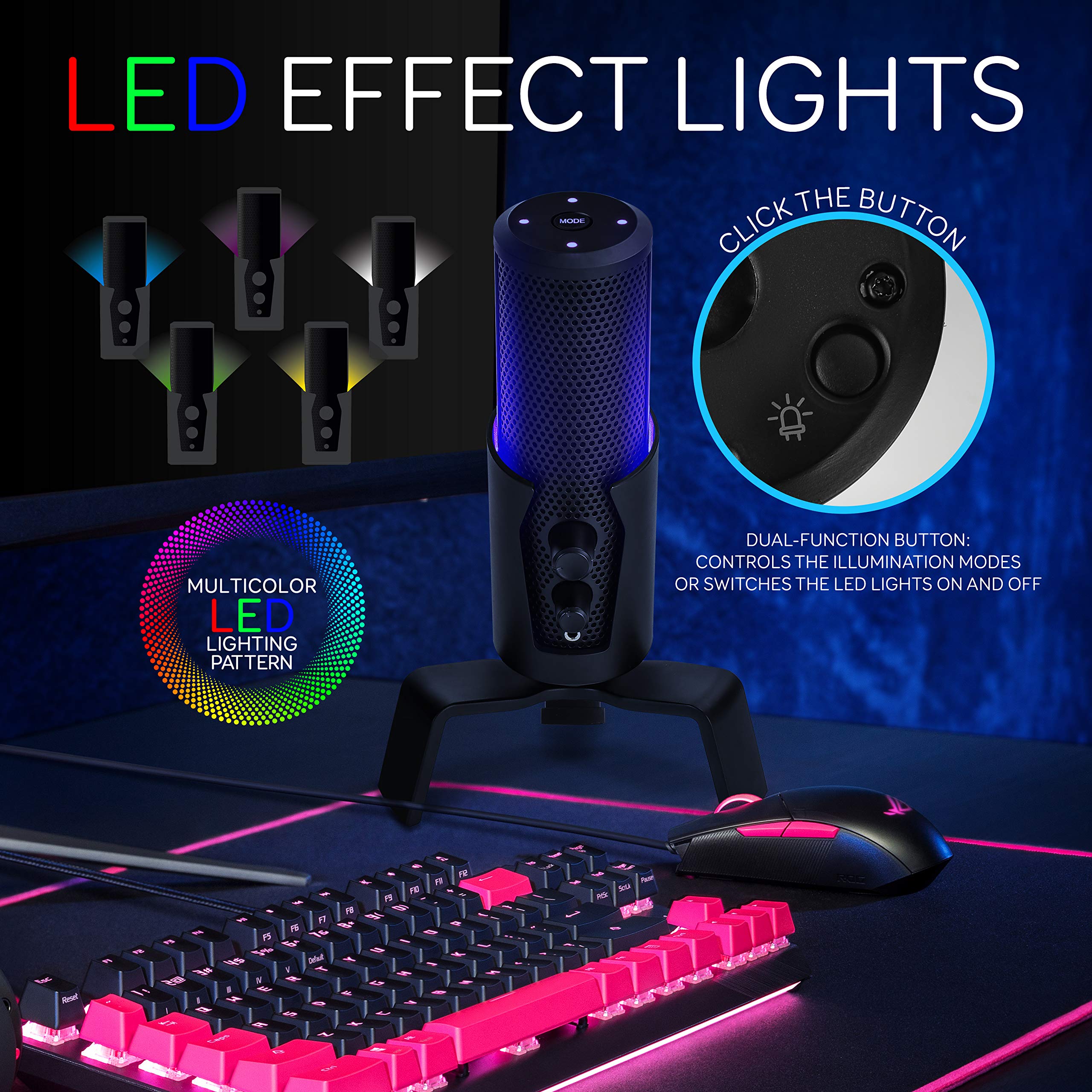 Pyle Selectable Pickup Pattern RGB USB Microphone - 4 Recording Modes Cardioid, Bidirectional, Stereo, Omnidirectional - Condenser Audio Mic w/LED Lights for Gaming Podcasting Studio PC, and Mac