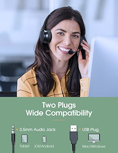 USB Headset with Microphone for PC, Adjustable Boom Mic, Inline Volume Control & Mute, Wired Cell Phone Headphones for Kids, 3.5mm Stereo Computer Headset for Home Office, Call Center, School