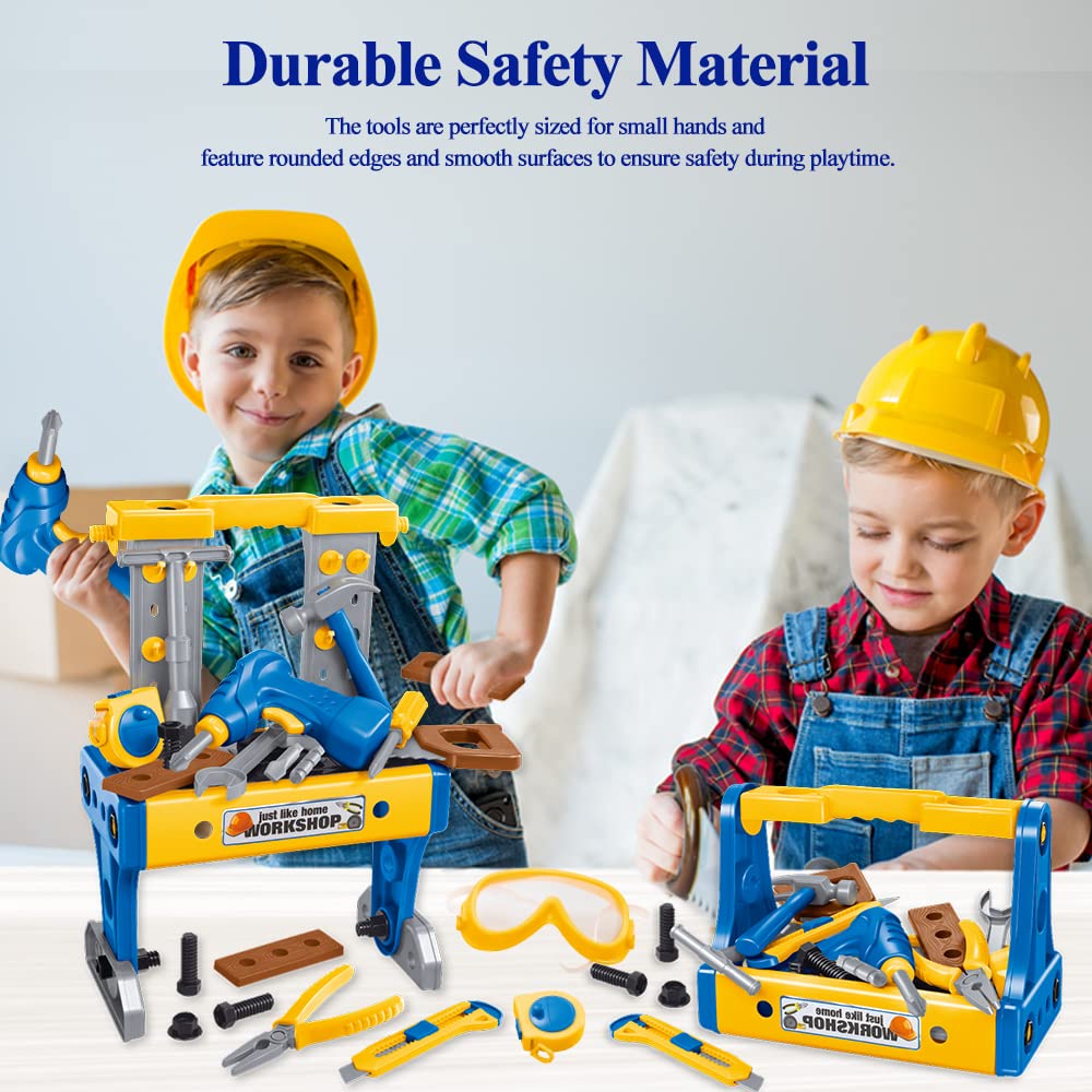 YICORO Kids Tool Set, 62 Pcs 2 in 1 Tool Set with Tool Box & Workbench, Pretend to Play Electronic Toy Drill Kids Toys, Toy Tools for Kids Ages 3 4 5+ Years Old