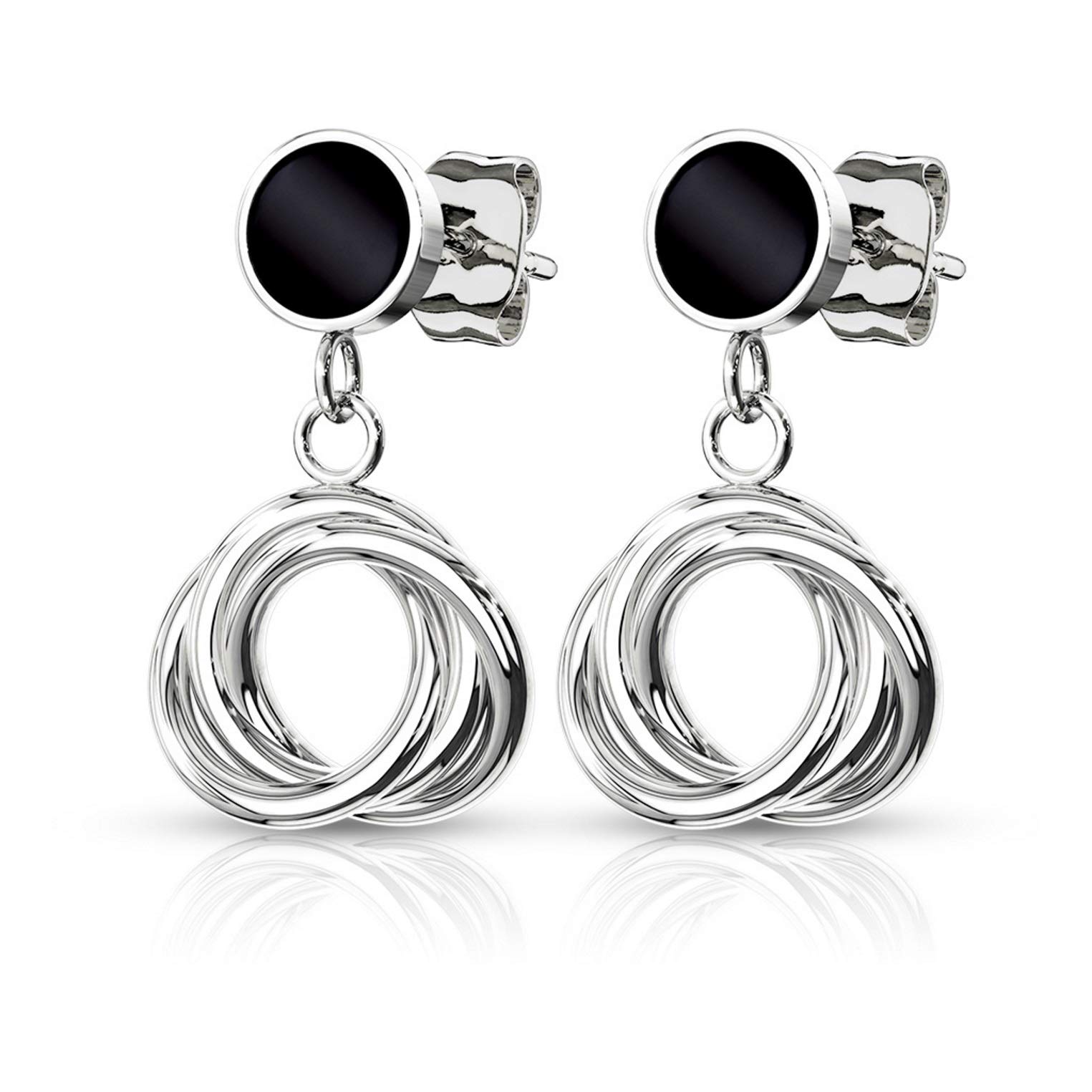 Pair of Black Enamel Top Intertwined Circles Dangle Stainless Steel Stud Earrings (Steel)