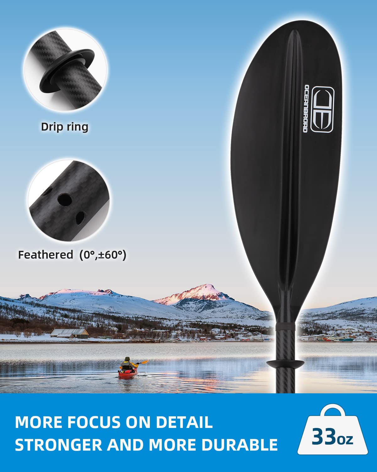OCEANBROAD Kayak Paddle 230CM/90.5 Inches Premium Carbon Shaft Kayaking Boating Oar with Paddle Leash