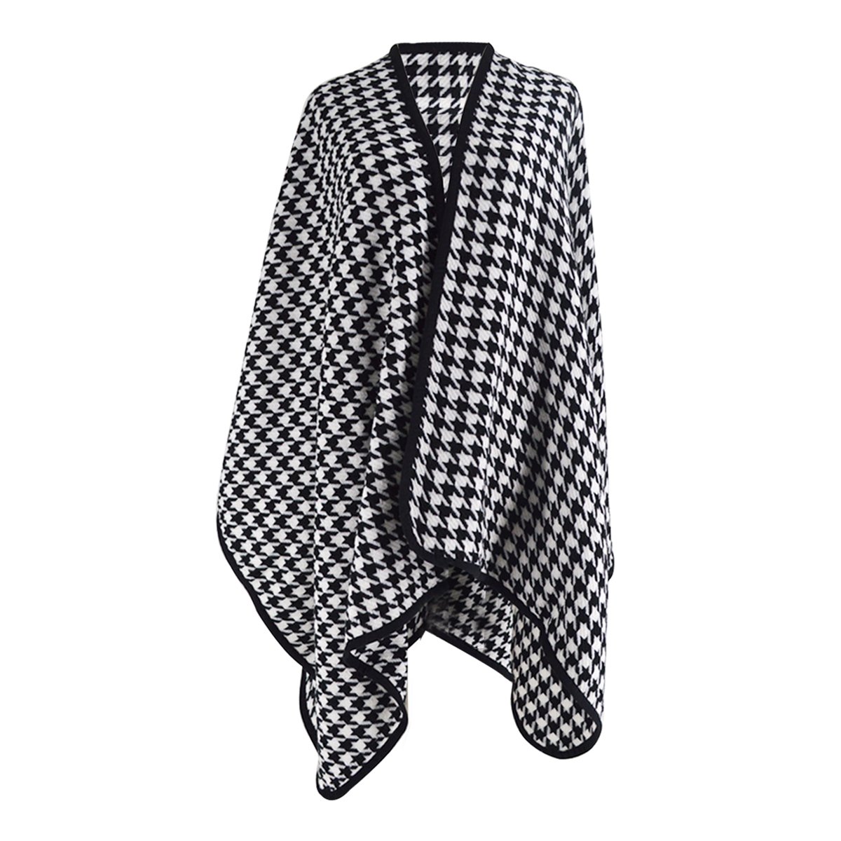 Monique Women Vintage Reversible Houndstooth Scarf Large Shawl Winter Warm Cashmere-like Wrap Open Front Cardigan Poncho Cape Sweater Black