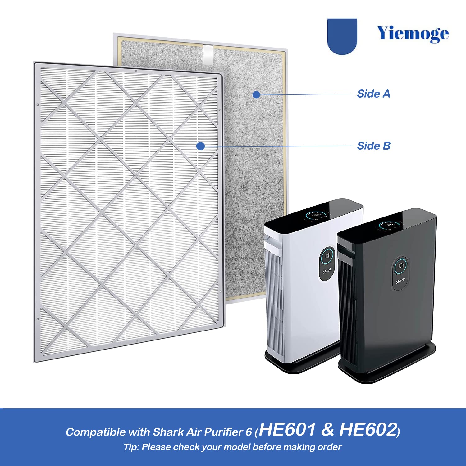 Yiemoge HE601 True HEPA Replacement Filter with Advanced Odor Lock, Compatible with Shark Air Purifier 6, HE601 & HE602, Model HE6FKPET (1 HEPA Filter)
