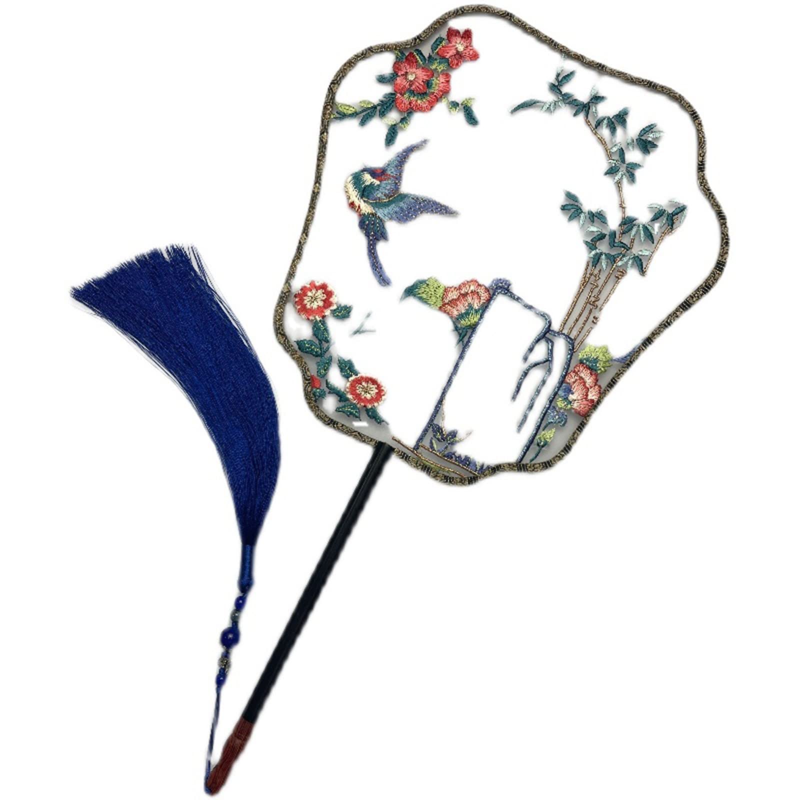XELDEC Single Side Embroidered Hand Fan (Flower/Bird) Chinese Style Palace Fan Hanfu Fan