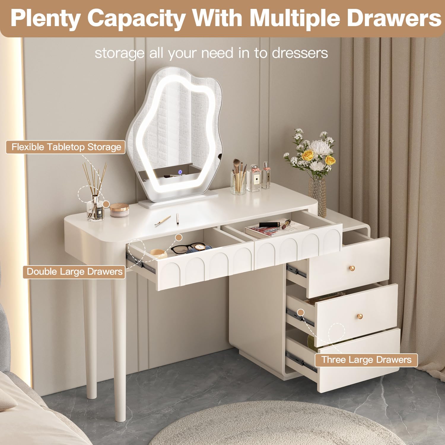 Miuuod Makeup Vanity Desk & Chair & Lighted Mirror,Modern Cosmetics Table with Storage Carbinet and Drawers Adjustable Direction Makeup Table Dressing Table for Women Girls Vanities for Bedroom White