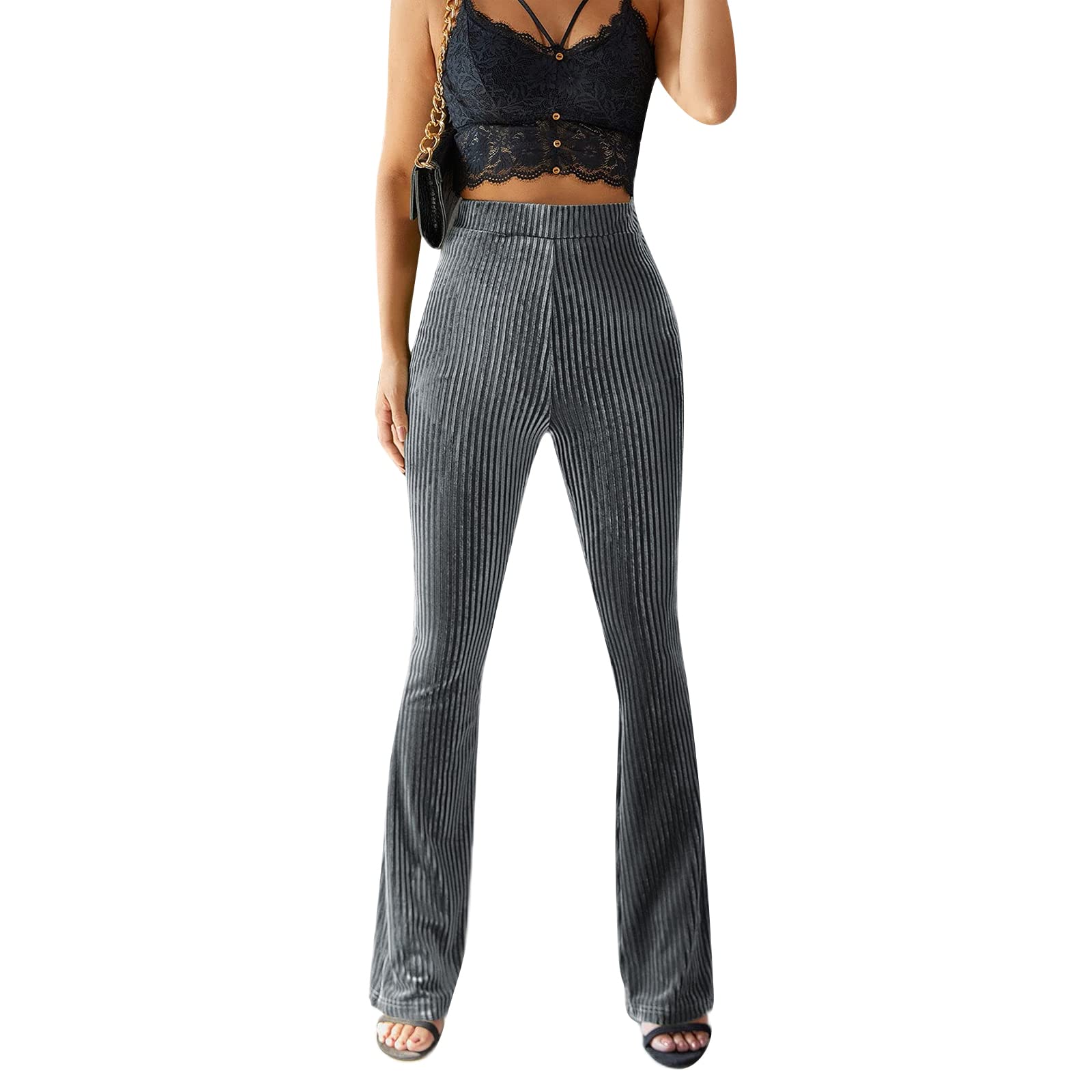 YILYFD Velvet Flare Pants for Women Gothic Elastic High Waisted Courdoroy Disco Bell Bottom Pants Bootcut Yoga Palazzo Long Trousers (Dark Grey, M)