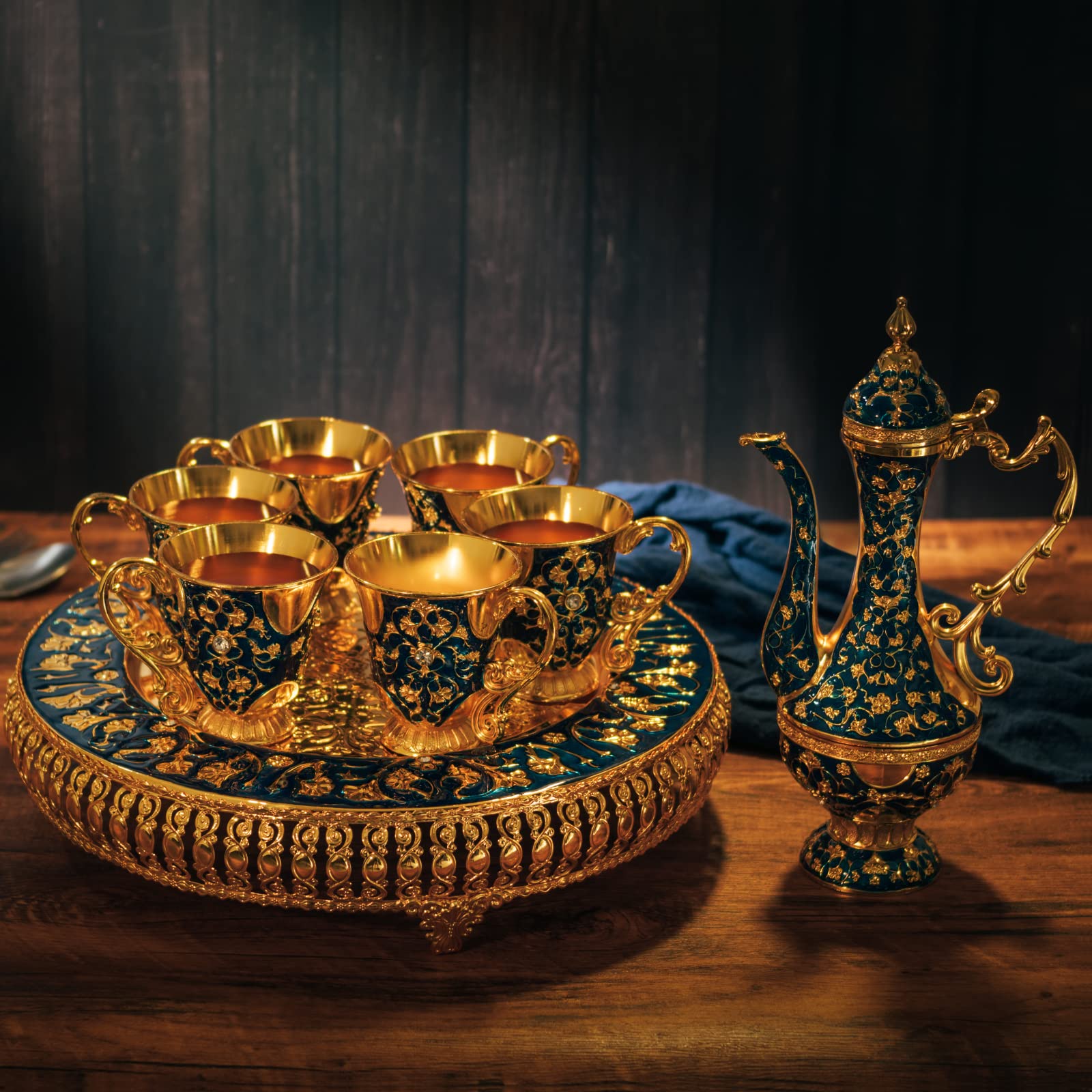 Vintage Extra Large Turkish Coffee & Tea Pot Set for 6 by Gute with Large Crystal Tray & Teapot Gold with Swarovski Style Crystals (Blue) 480ml - 6 Vintage Moroccan Tea Glasses 230ml Teacups Gold