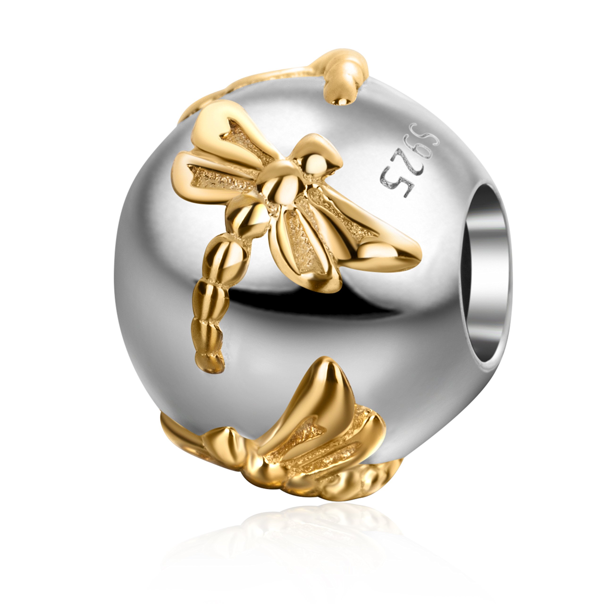PAIYUAN Gold Plated Dragonfly Charms Authentic 925 Sterling Silver Insect Round Charm for European Bracelet