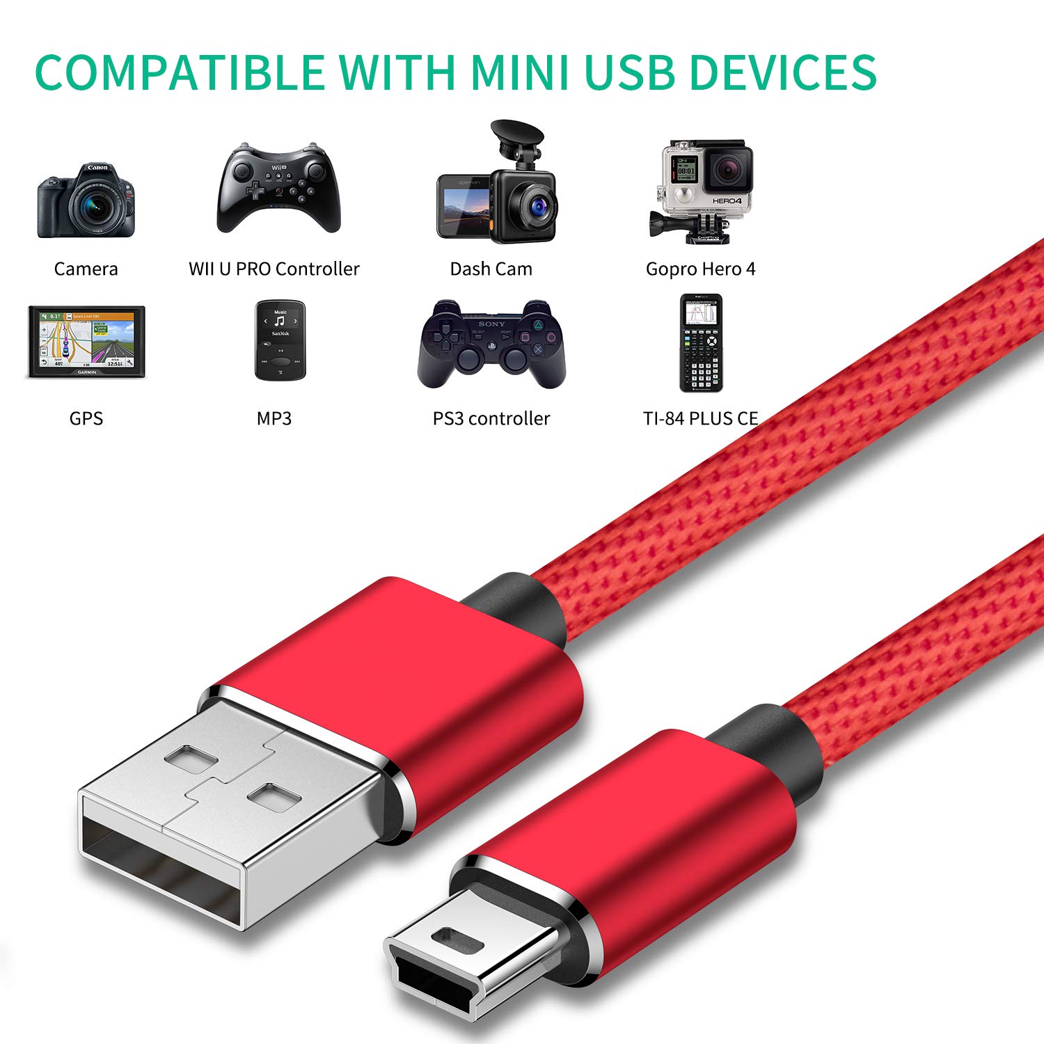 PS3 Controller Charger Charging Cable - 2 Pack 10FT Long Nylon Braided 5 Pin Mini USB Data Sync Cord for Playstation 3, Dualshock 3, PS Move, TI84 Plus CE, GoPro Hero 3+, Cell Phones, MP3 Players