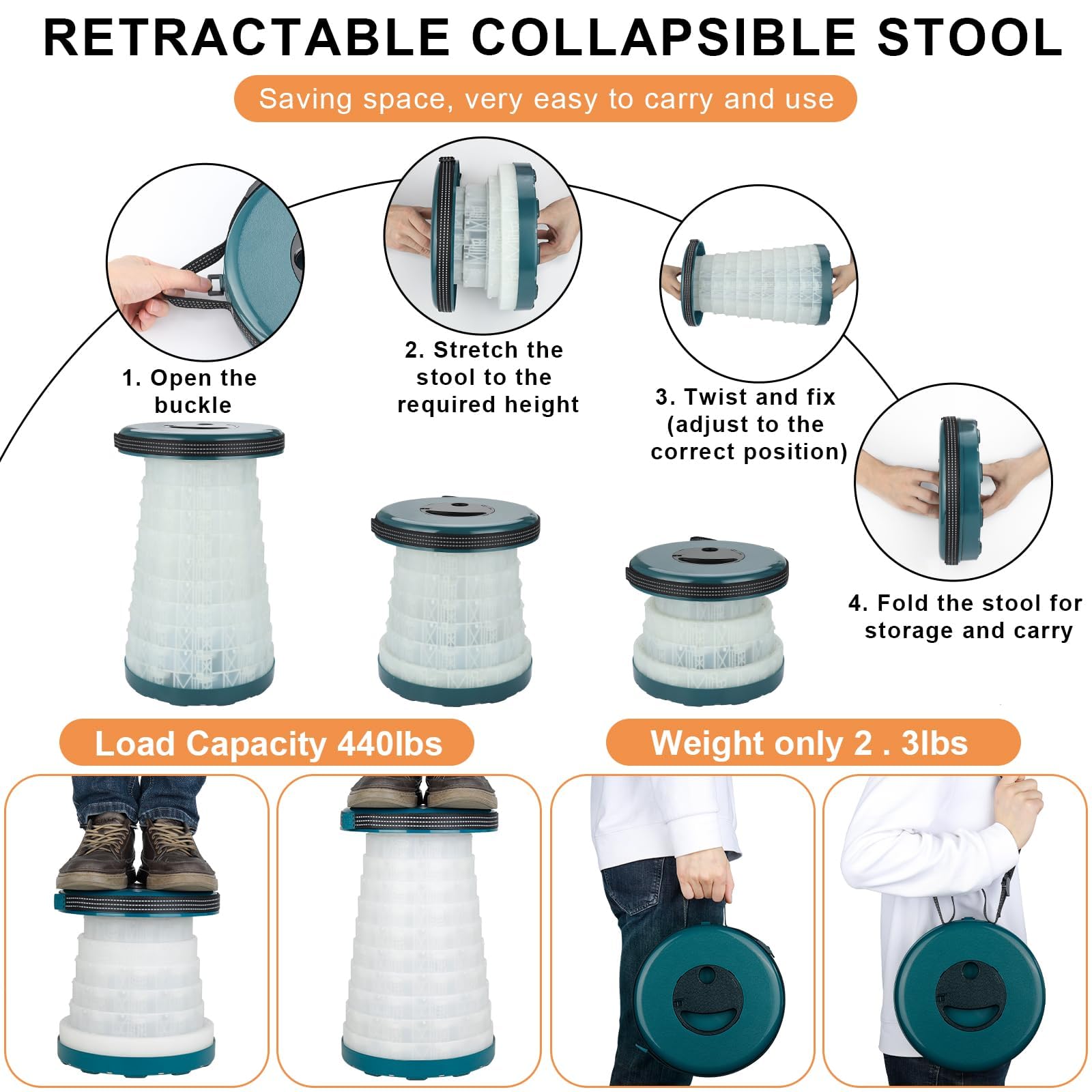 OXAMAFIT Outdoor Retractable Folding Table and 2 Stools Set, Portable Camping Foldable Table Lightweight, 3 Lighting Mode Adjustable Stool for Outdoor Picnic, Beach, Camp, Party.-Green