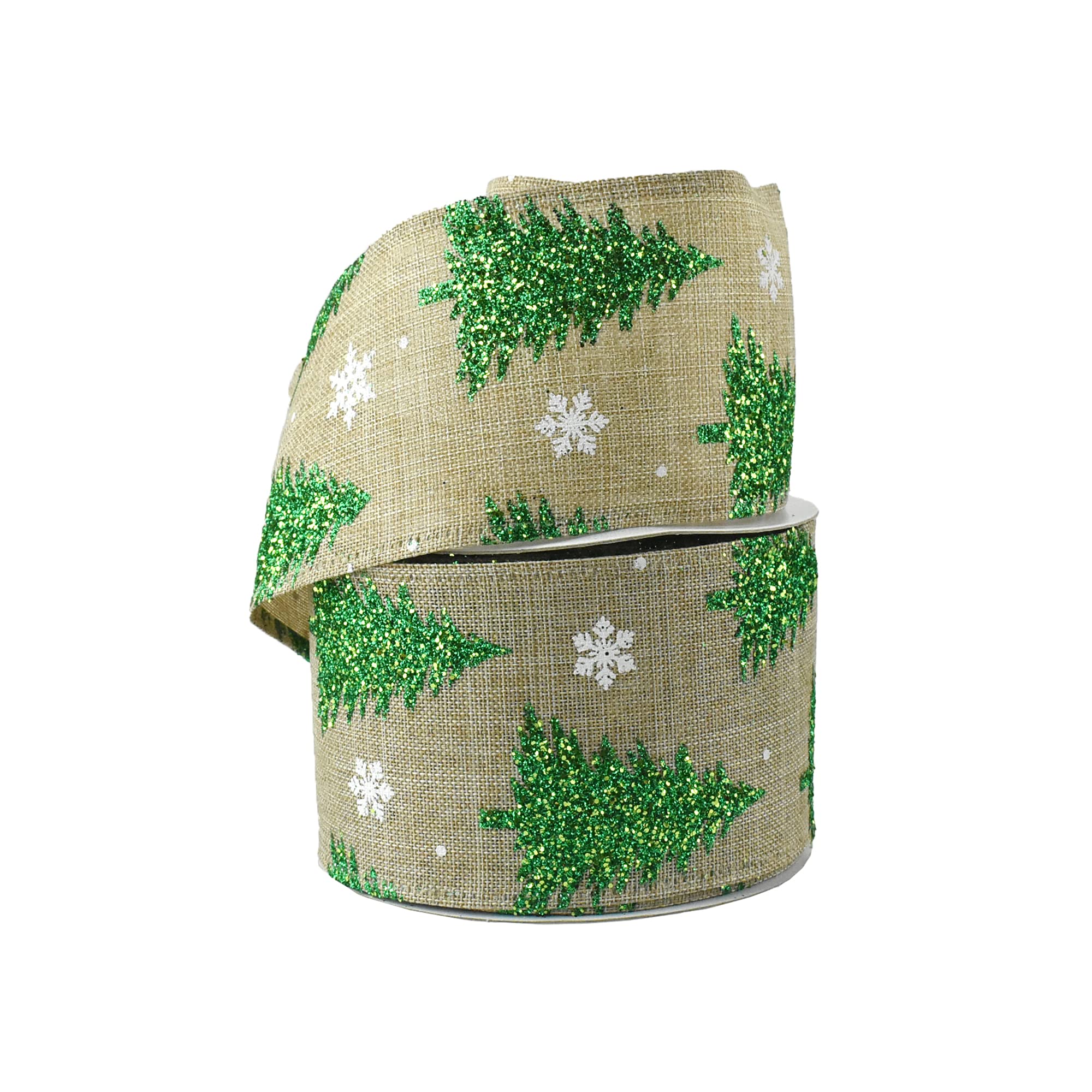 Natural Velvet Glitter Christmas Tree and Snowflake Wired Ribbon, 2-1/2-Inch, 10-Yard Buy from Tchoice