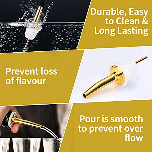 SuproBarware Liquor Bottle Pourers - Stainless Steel Bottle Pourers with Clean Bursh, Rustproof Metal Alcohol Pouring Tubes For Bars, Clubs, Restaurants & Home Use (Gold)