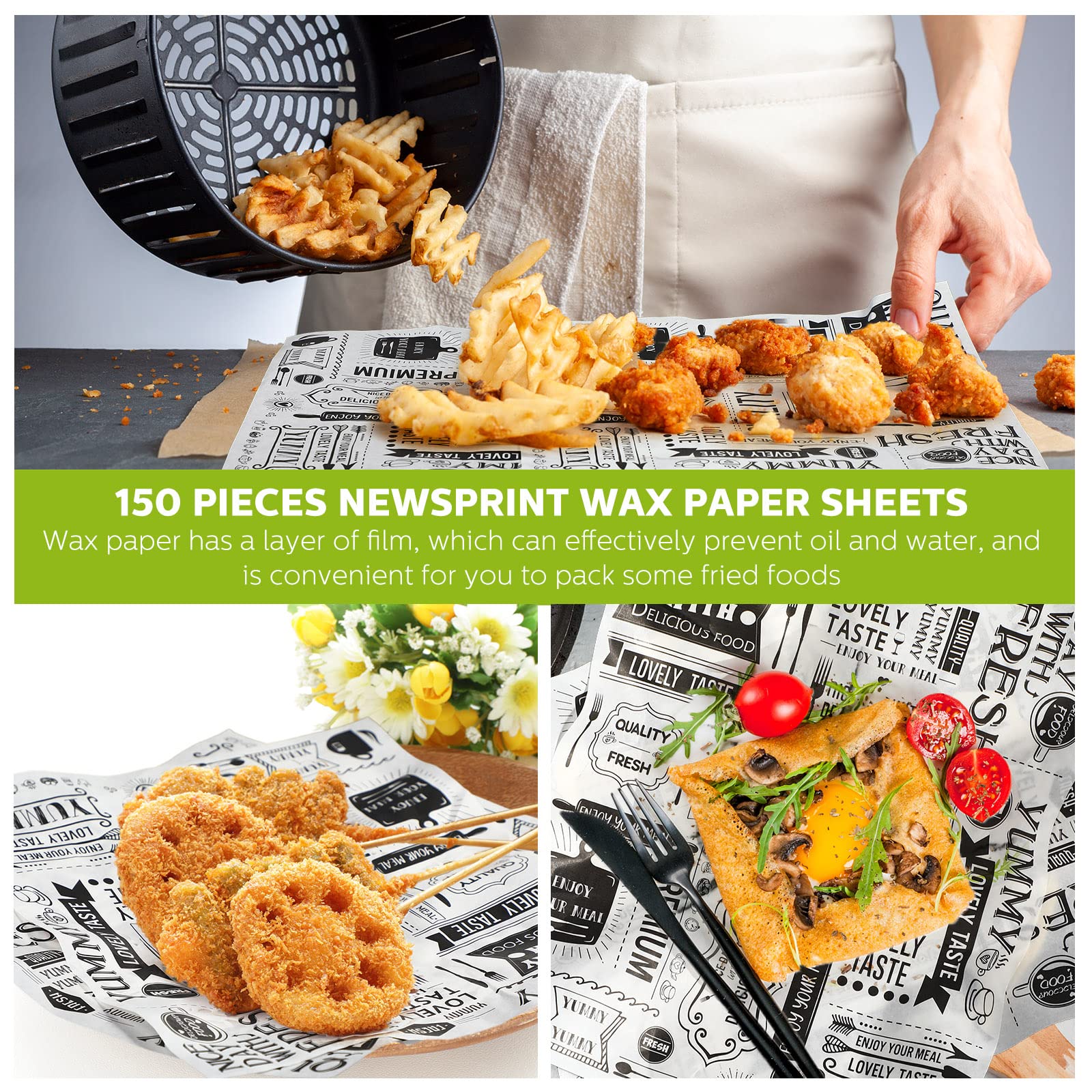 Wax Paper Sheets Deli Newsprint Food Basket Liners Sandwich Wrapping Paper Grease Resistant Waterproof Wrapping Tissue Hamburger Picnic Paper for Baking Kitchen 8.3 x 9.8 Inch(150 Pcs)