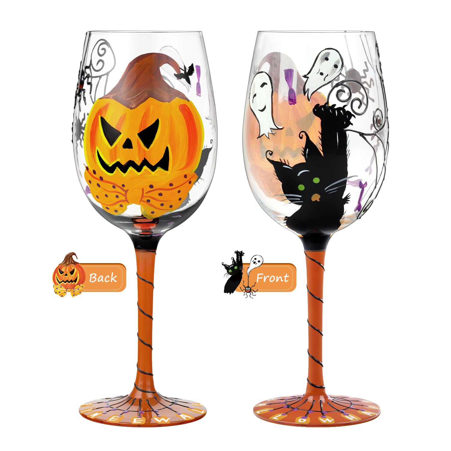 NymphFable Halloween Hand Painted Wine Glass Pumpkin Black Cat Spider Cobwebs Ghosts Unique Halloween Wine Glass for Home Party Friend