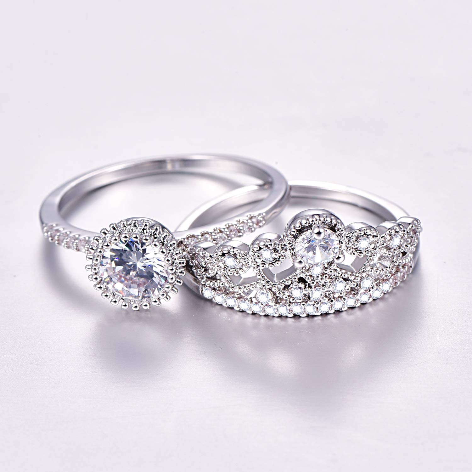 Narica Silver Plated Round Cut Created White Topaz CZ Cubic Zirconia Filled Halo Wedding Engagement Crown Ring 2PCS Women's Band Set for Mom Lover Gift 8#