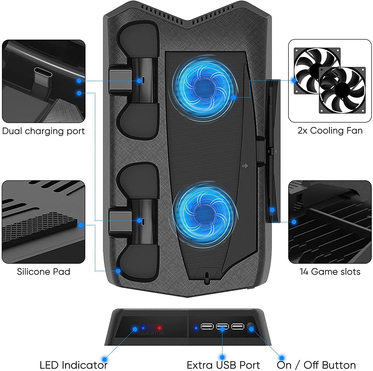 PS5 Cooling Fan Station Vertical Stand Accessories with Dual Controller Charger and 14 Retractable Game Card Storage