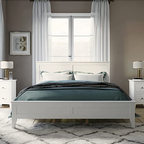 MegaChunk Modern White Solid Wood Queen Platform Bed, Pine Wood Construction, High Load Capacity, Compatible with Adjustable Beds, No Box Spring Required, Queen Size, White