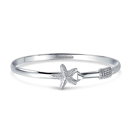 Nautical Starfish Tropical Beach Bangle Bracelet For Women Polished .925 Sterling Silver Eye Hook Clasp