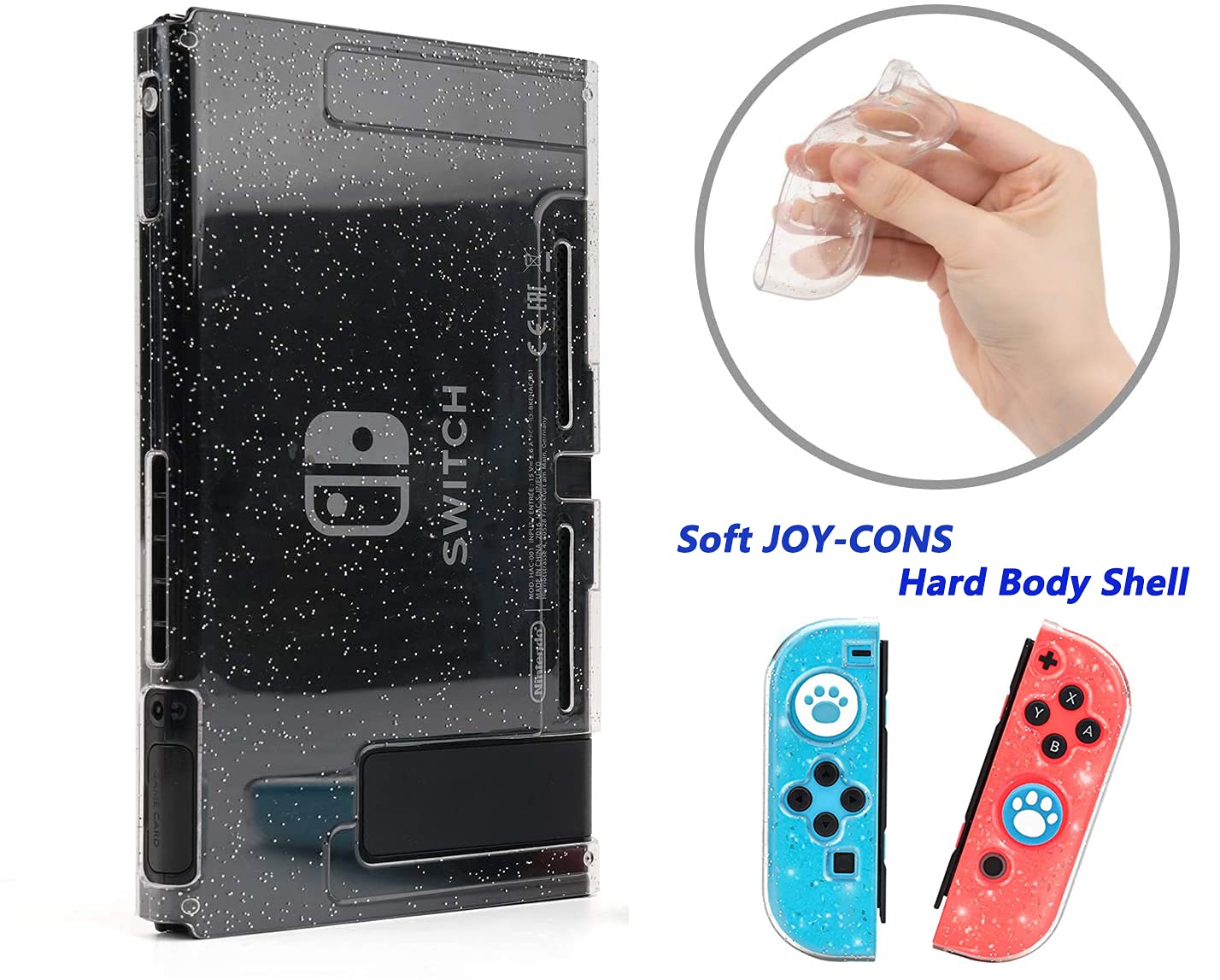 Switch Case for Nintendo Switch, Glitter Dockable Case for Switch Hard Shell Skin Protective Cover with 4 Pcs Thumb Caps Switch NS Games Protector -Crystal